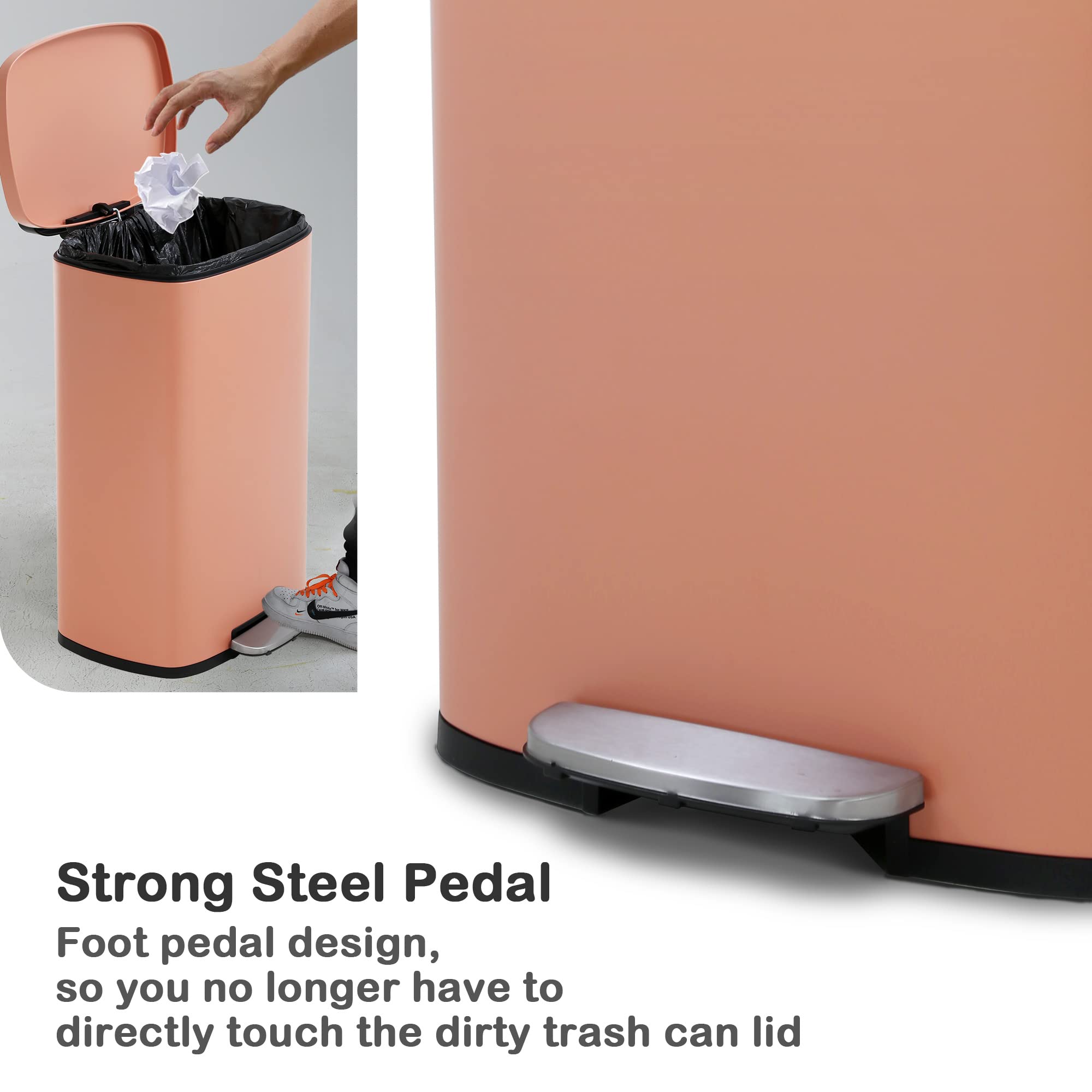 50 Liter / 13 Gallon Kitchen Trash Can with Lid, Stainless Steel Trash Can with Foot Pedal and Plastic Inner Bucket, Fingerprint-Resistant Soft Close Lid Garbage Can, Odor Proof and Hygienic, Pink