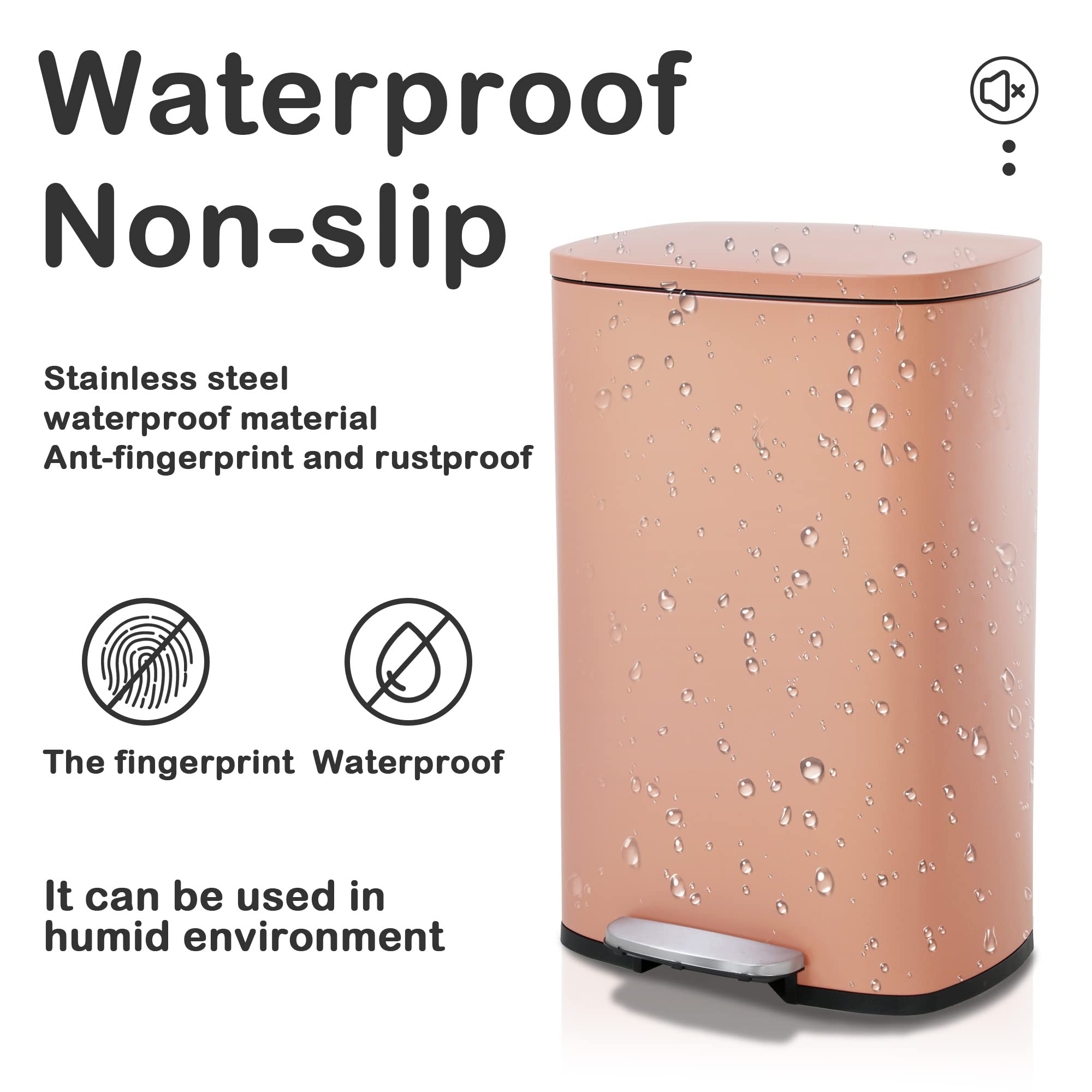 50 Liter / 13 Gallon Kitchen Trash Can with Lid, Stainless Steel Trash Can with Foot Pedal and Plastic Inner Bucket, Fingerprint-Resistant Soft Close Lid Garbage Can, Odor Proof and Hygienic, Pink