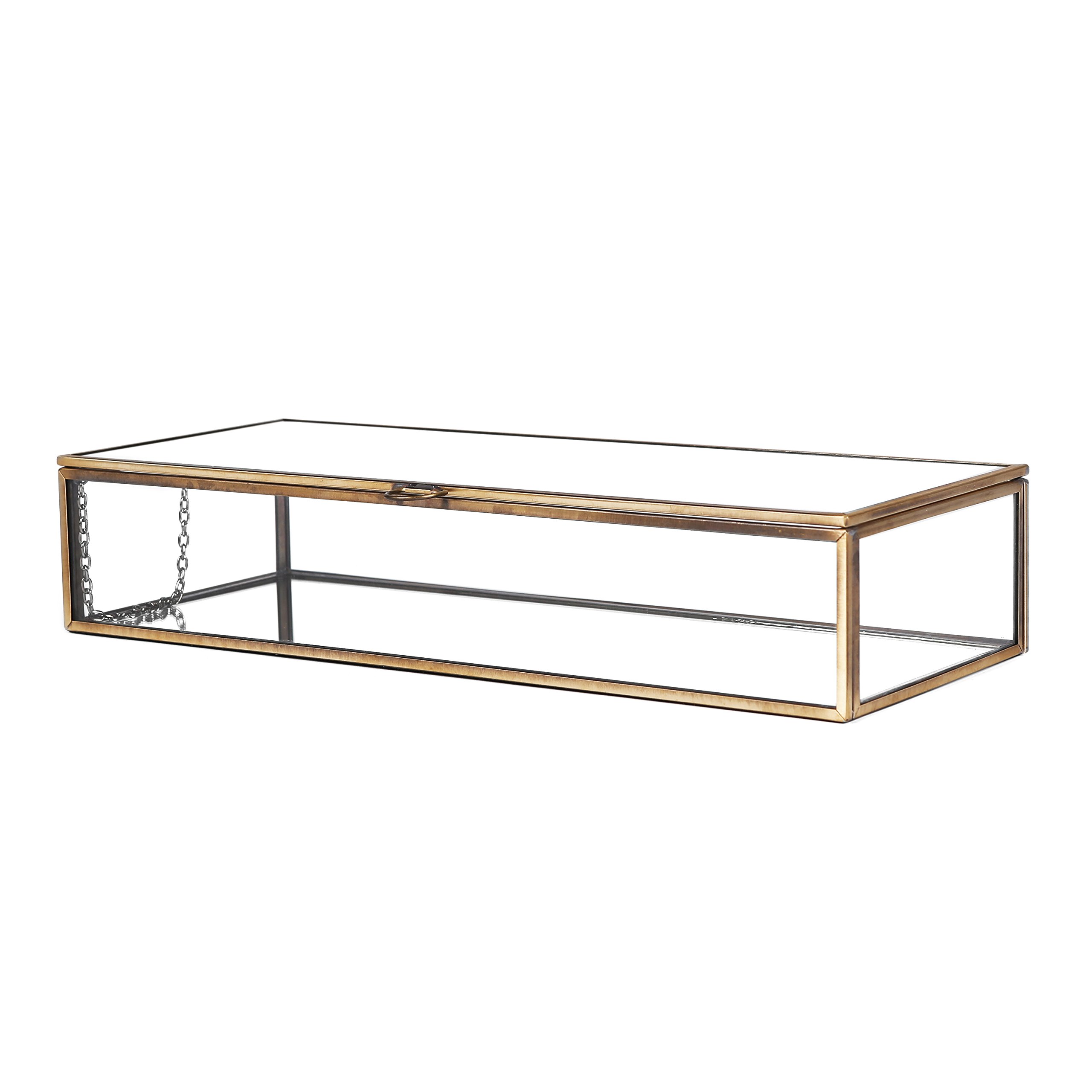 MyGift Glass Jewelry Box, Vintage Style Brass Metal & Clear Glass Mirrored Shadow Box Jewelry Display Case with Hinged Top Lid