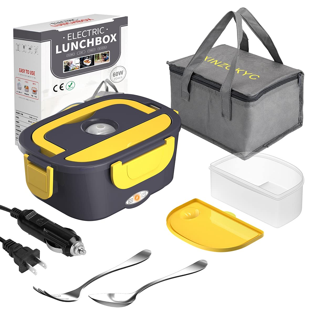 Electric Lunch Box [Upgraded],60W High-power Food Heater,12V 24V 110V 3 in1 Portable microwave for Car/Truck/Home–Leak proof,Removable 304 Stainless Steel Container fork & spoon and Carry Bag………