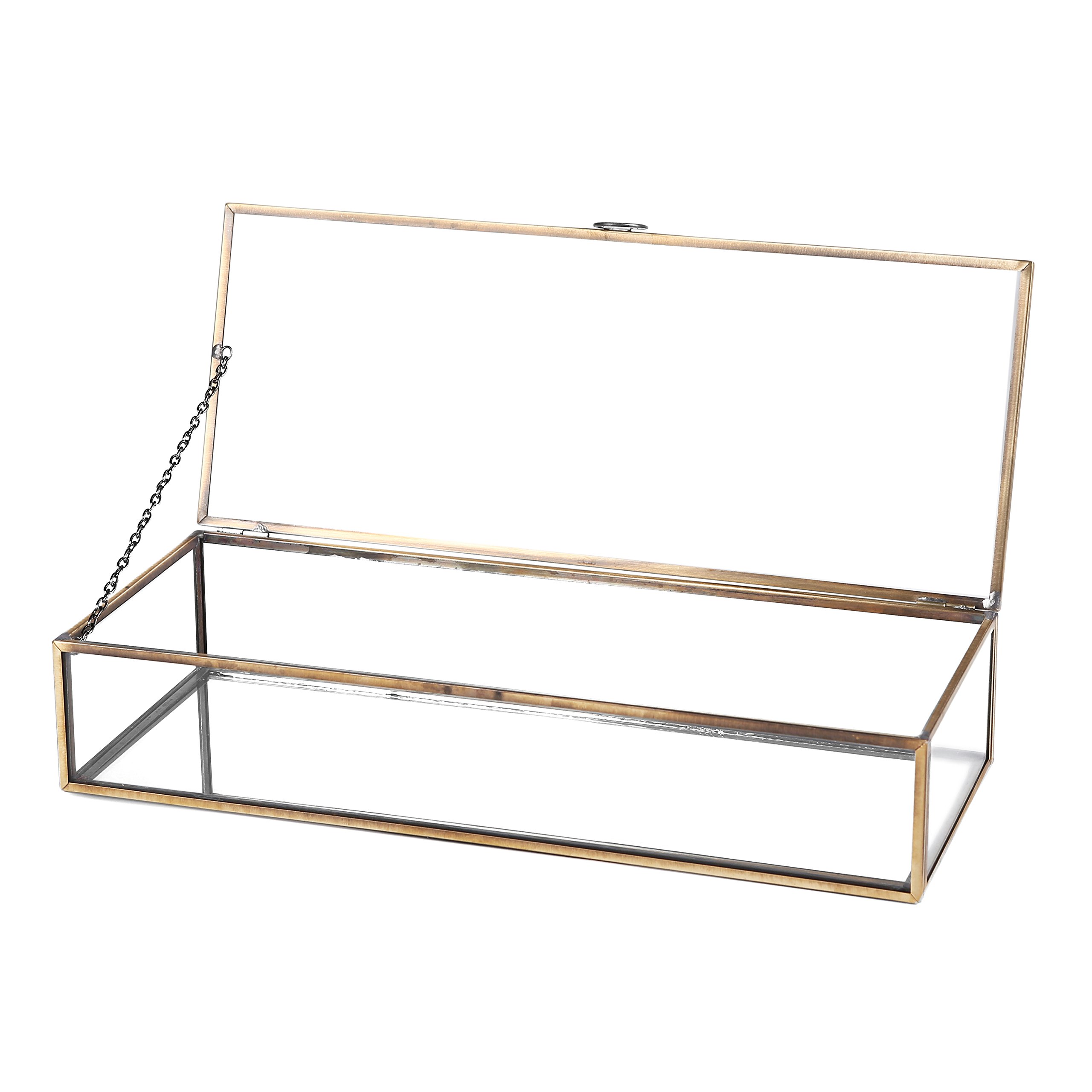 MyGift Glass Jewelry Box, Vintage Style Brass Metal & Clear Glass Mirrored Shadow Box Jewelry Display Case with Hinged Top Lid