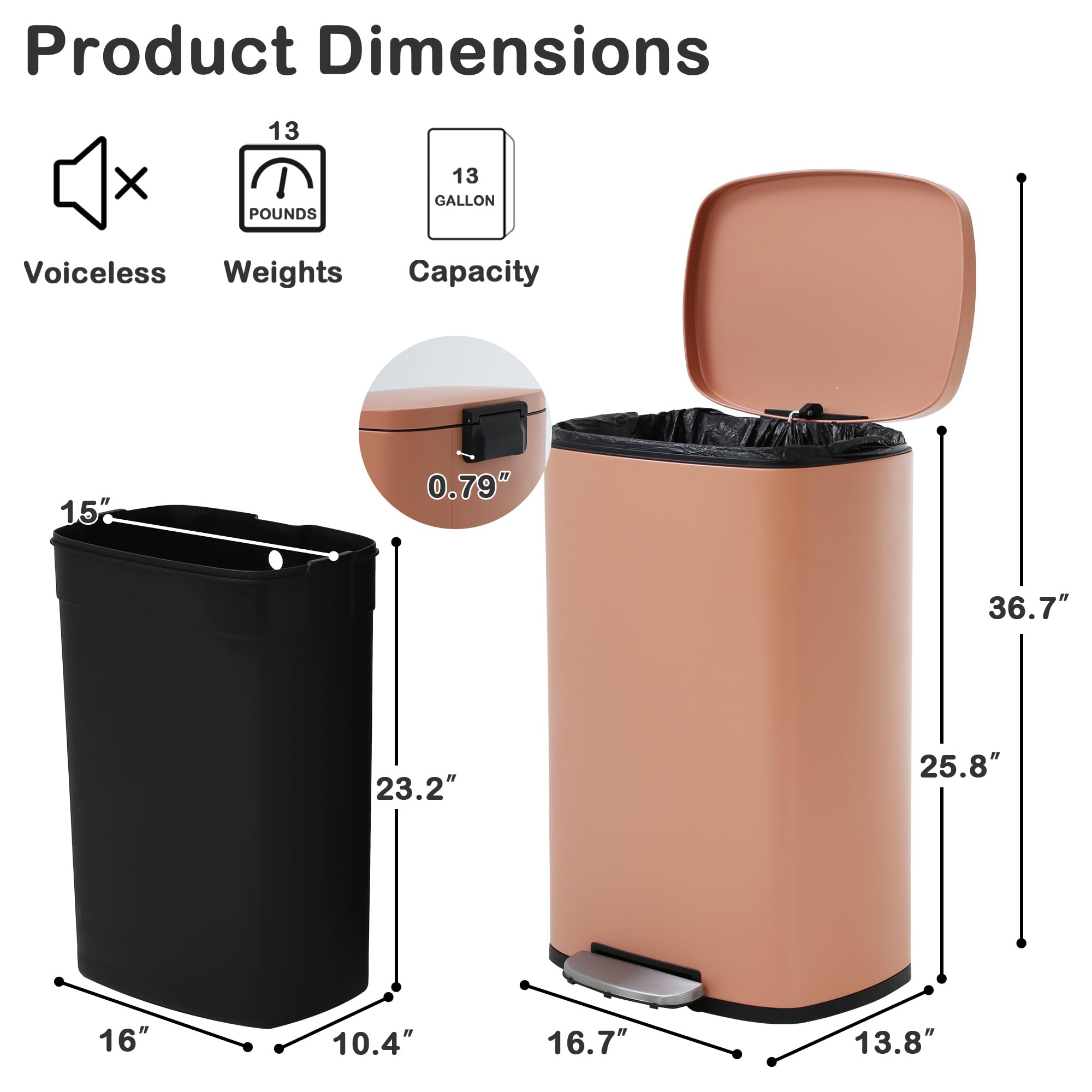 50 Liter / 13 Gallon Kitchen Trash Can with Lid, Stainless Steel Trash Can with Foot Pedal and Plastic Inner Bucket, Fingerprint-Resistant Soft Close Lid Garbage Can, Odor Proof and Hygienic, Pink