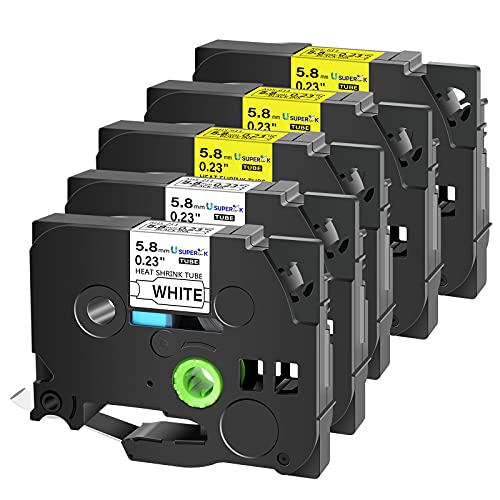 USUPERINK Compatible for Brother P-Touch 3PK HSe-611 HSe611 HS-611 HS611 Black on Yellow and 2PK Hse-211 Hse211 Black on White 5.8mm 0.23'' Heat Shrink Tubing Label Tape for Wire Cable