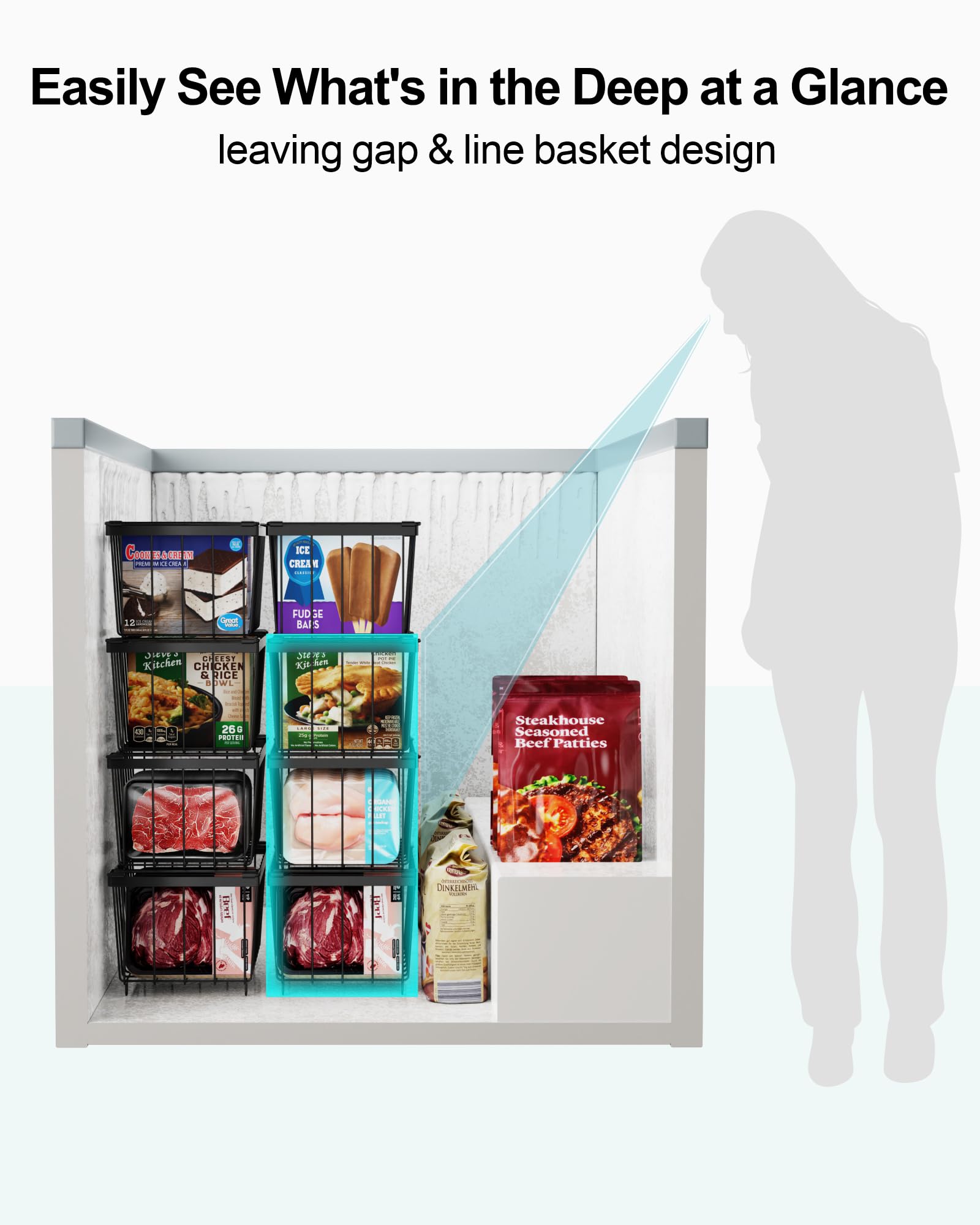 iSPECLE Chest Freezer Organizer, 4 Pack Stackable Baskets with Handles Pantry Organization and Storage for Chest Freezer Pantry, Black
