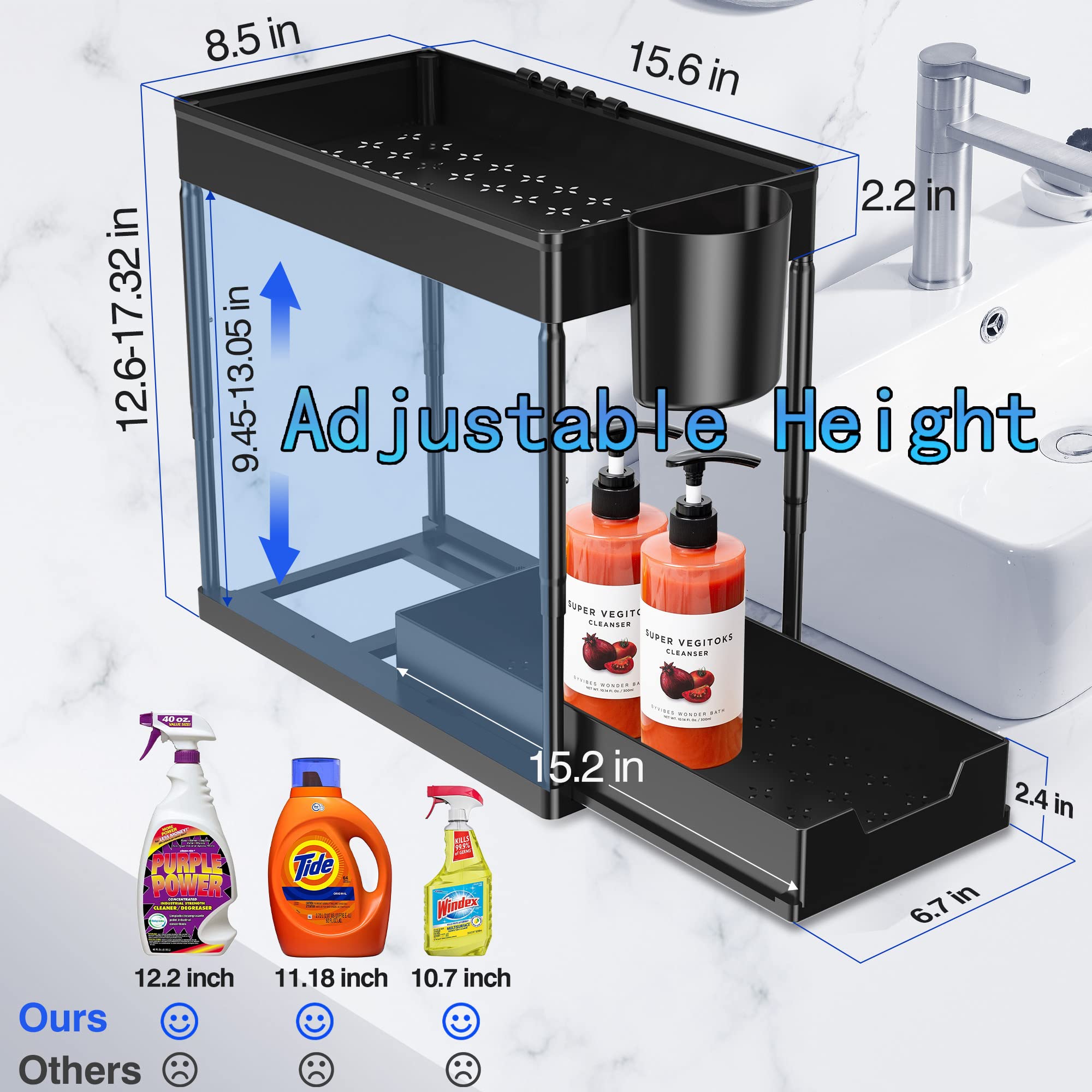 Under Sink Organizer, 2 PCS Adjustable Height Organizer Drawers 2 tier Multi-purpose Under Sliding Cabinet Basket, Kitchen Bathroom Cabinet Shelf Under Sink Organizers and Storage White