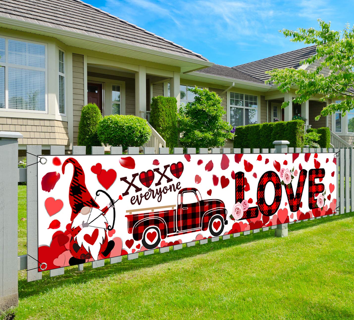 Valentine's Day Banner Yard Sign Red Buffalo Plaid Gnome Large Yard Sign Banner with XOXO Everyone Rose Heart for Valentine’s Day Outdoor and Indoor Decoration