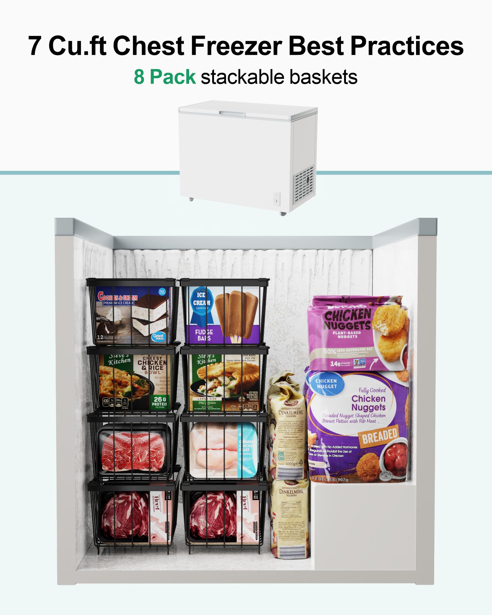 iSPECLE Chest Freezer Organizer, 4 Pack Stackable Baskets with Handles Pantry Organization and Storage for Chest Freezer Pantry, Black