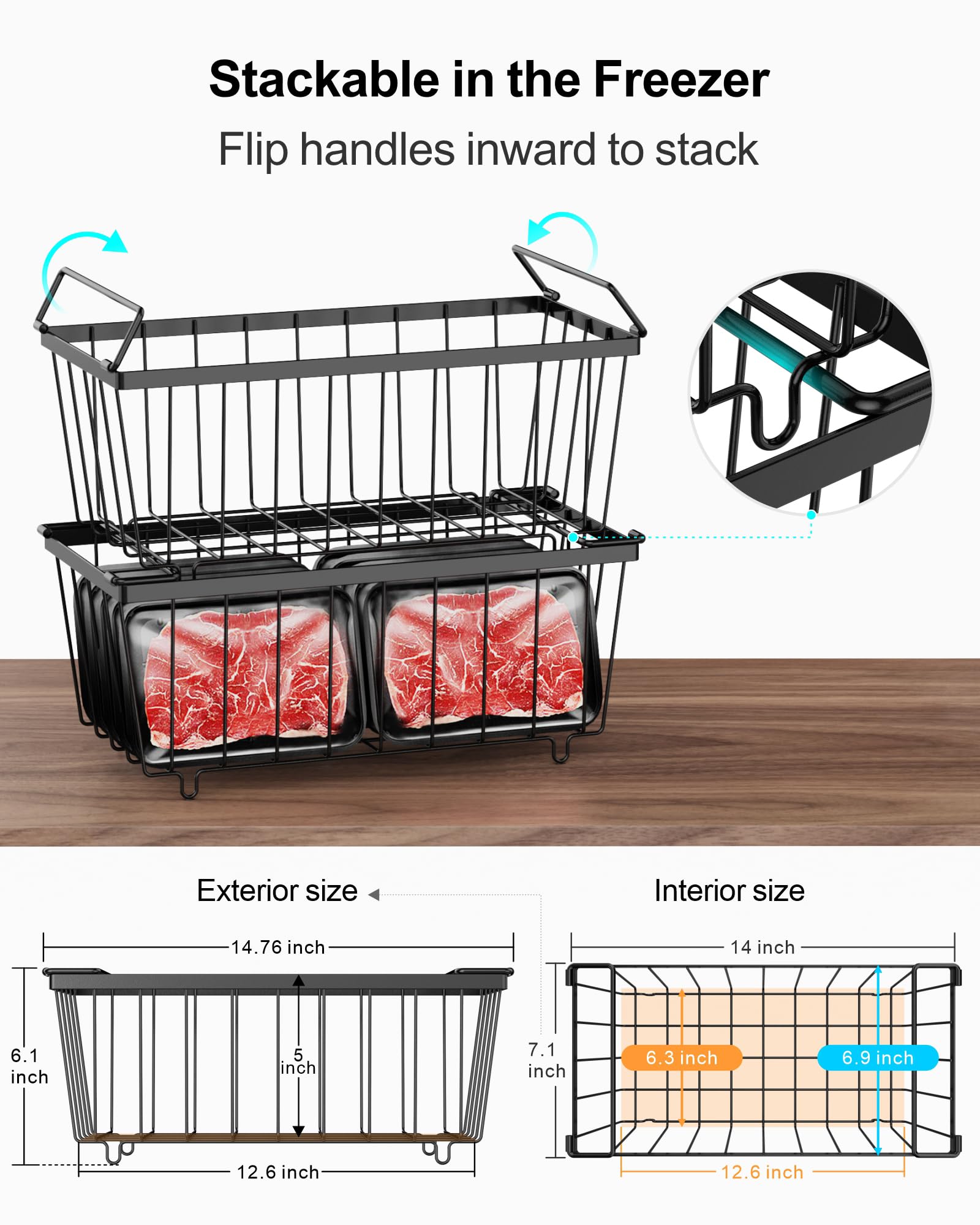 iSPECLE Chest Freezer Organizer, 4 Pack Stackable Baskets with Handles Pantry Organization and Storage for Chest Freezer Pantry, Black