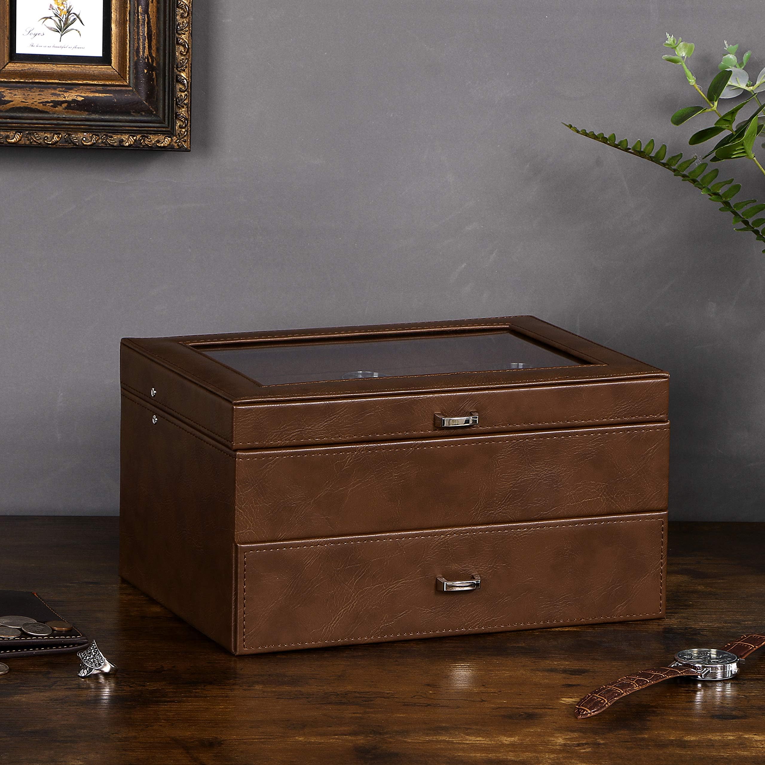 BEWISHOME 20 Slot Watch Box for Men Watch Case, Watch Display Case with Real Glass Lid, 2 Layers Watch Holder Organizer, Metal Hinge, Brown Leather SSH24Z