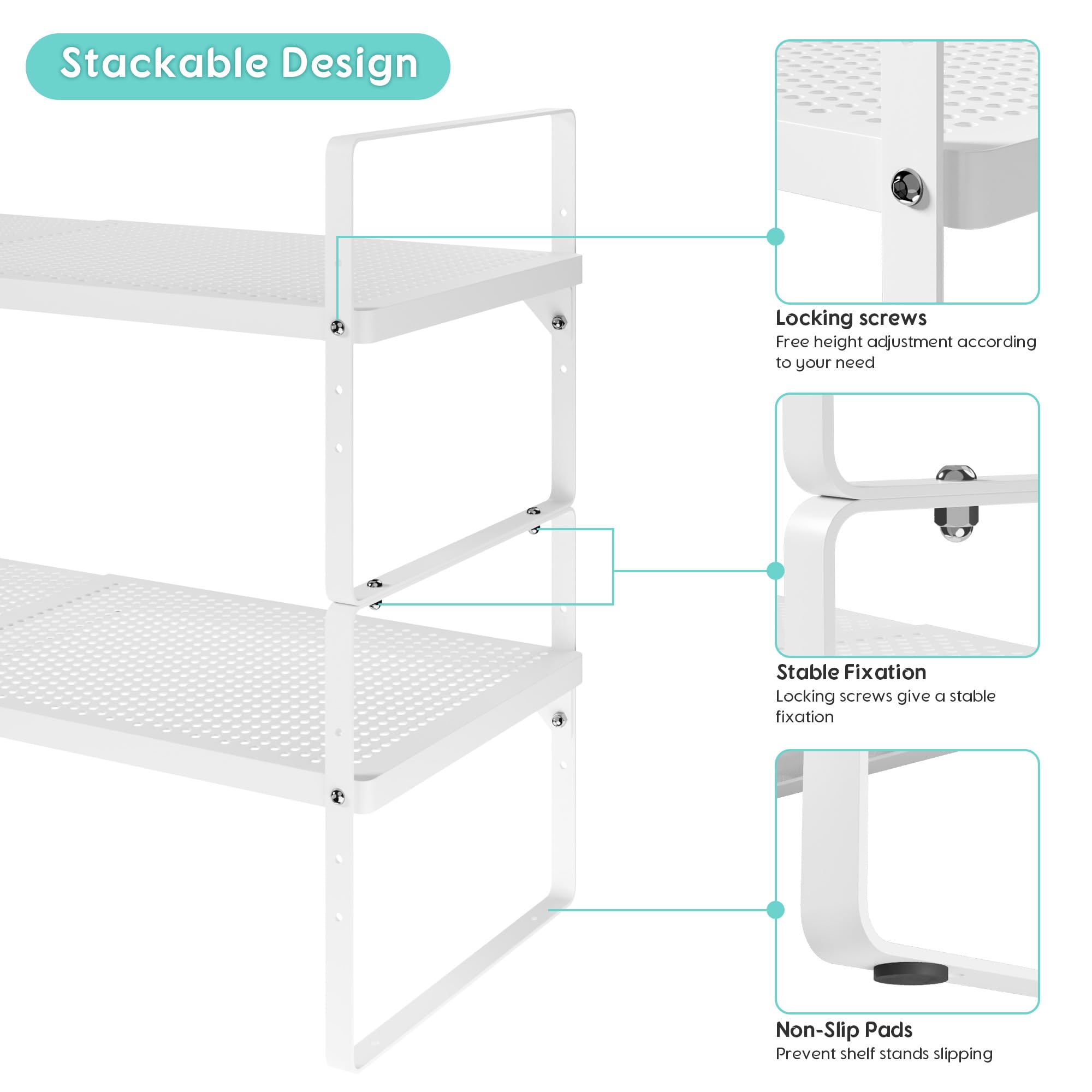 jkxoo 2Pack Expandable Cabinet Shelf Organizers, Stackable Metal Cabinet Shelves Extender for Kitchen Cabinet Countertop Storage, Adjustable Spices Shelves Rack Stand for Cupboard Pantry, White