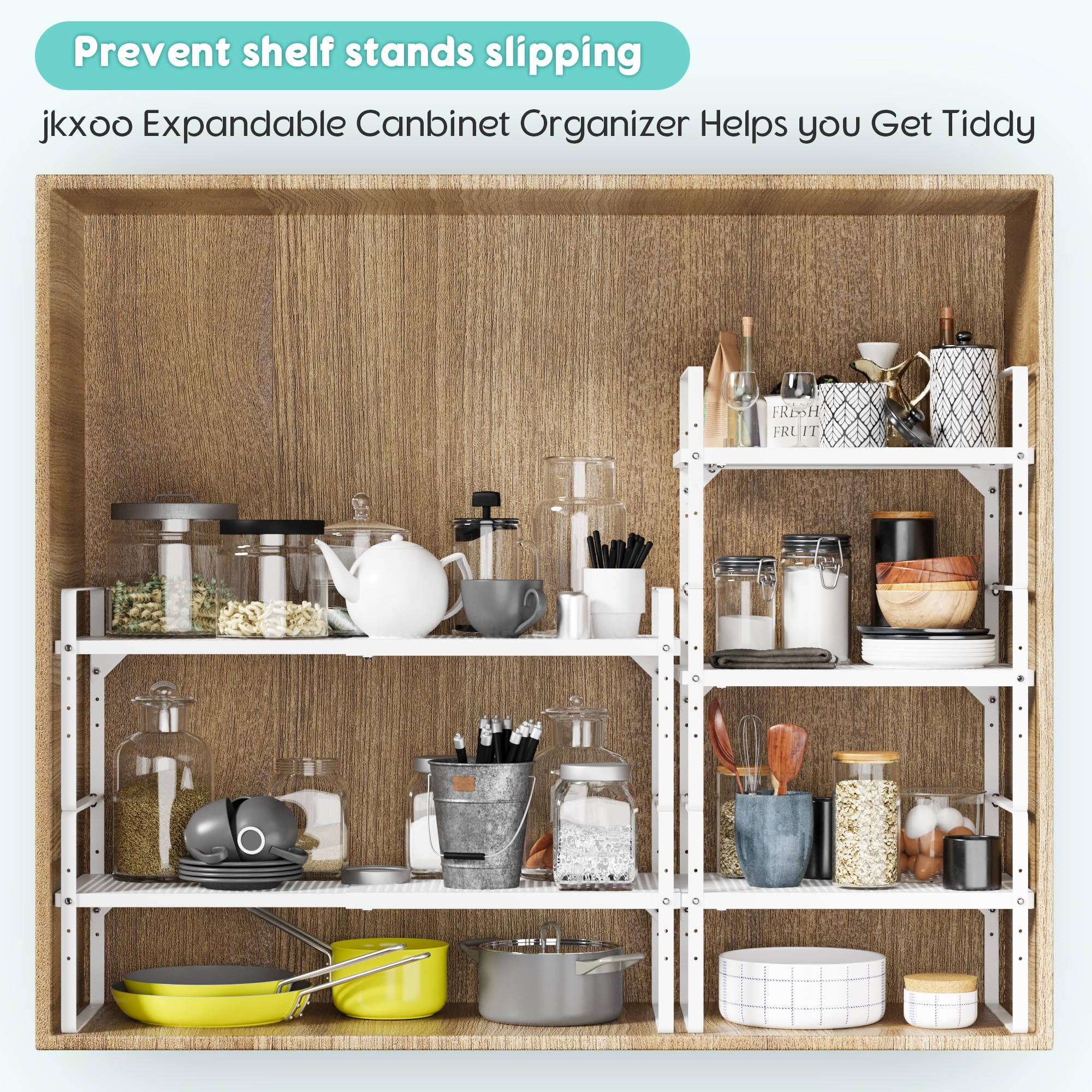 jkxoo 2Pack Expandable Cabinet Shelf Organizers, Stackable Metal Cabinet Shelves Extender for Kitchen Cabinet Countertop Storage, Adjustable Spices Shelves Rack Stand for Cupboard Pantry, White