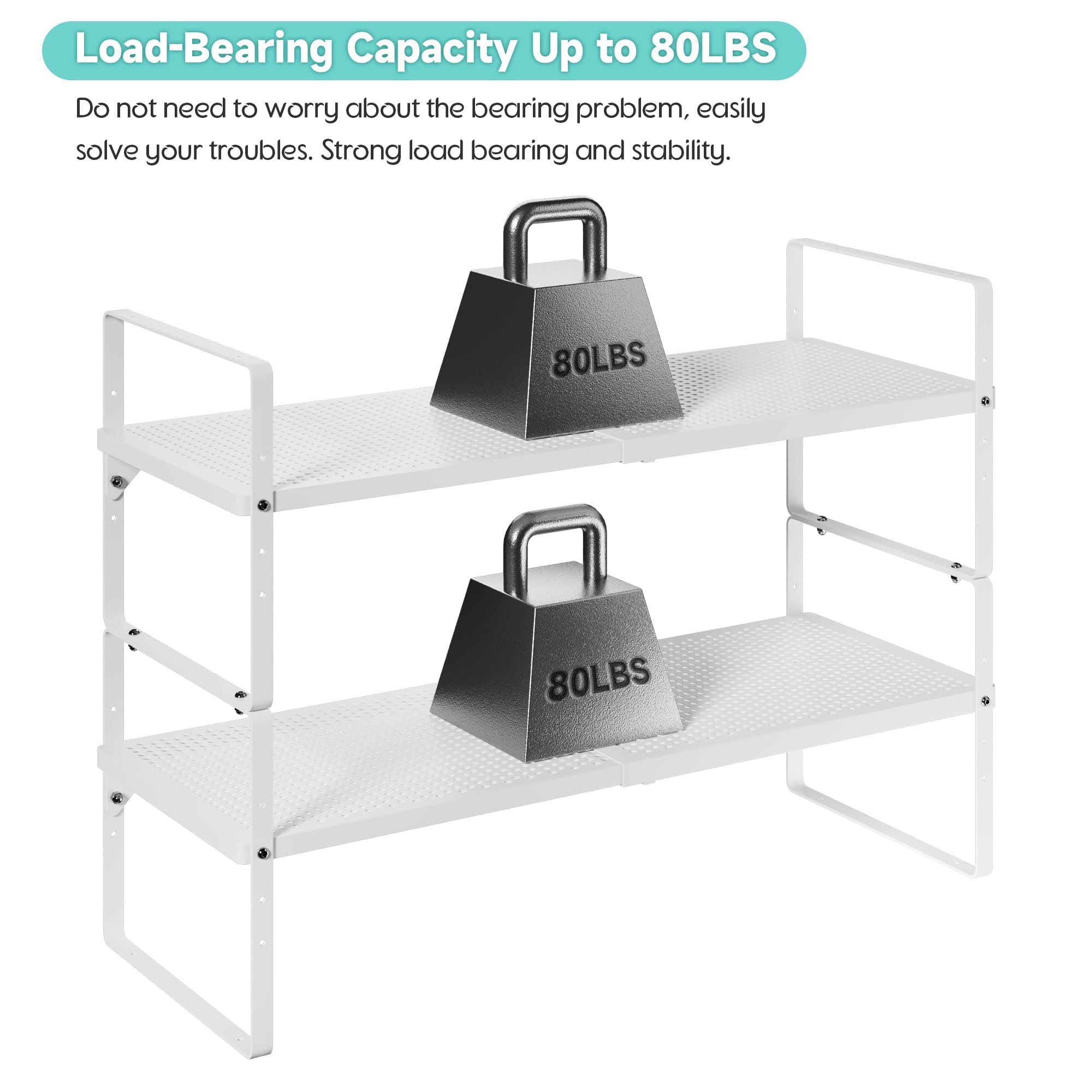 jkxoo 2Pack Expandable Cabinet Shelf Organizers, Stackable Metal Cabinet Shelves Extender for Kitchen Cabinet Countertop Storage, Adjustable Spices Shelves Rack Stand for Cupboard Pantry, White