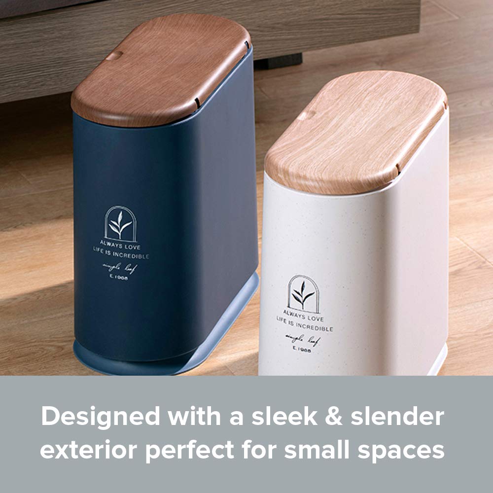 3.2Gal/12.1L Oval Slim Trash Can - Nordic Style Garbage Can with Lid - Blue Plastic Trash Can w/ Press Top Wood Grain Lid - Space Saving Kitchen Trash Can w/ Double Barrel Removable Plastic Bin Liner
