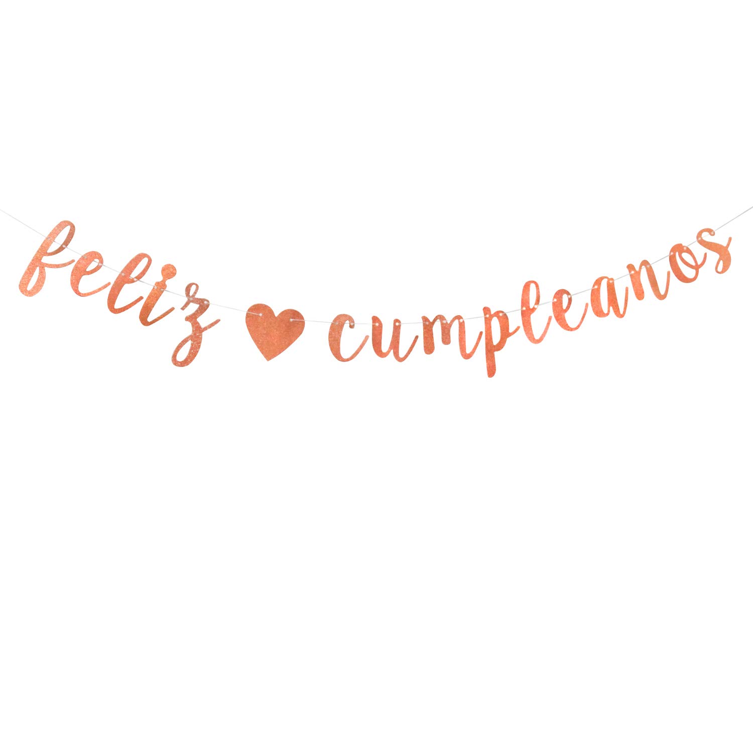 Rose Gold Glitter Feliz Cumpleanos Banner, Bunting Garlands for Celebrating Fiesta Theme/Spanish Birthday/Anniversary Party Decoration (Pre-Strung)