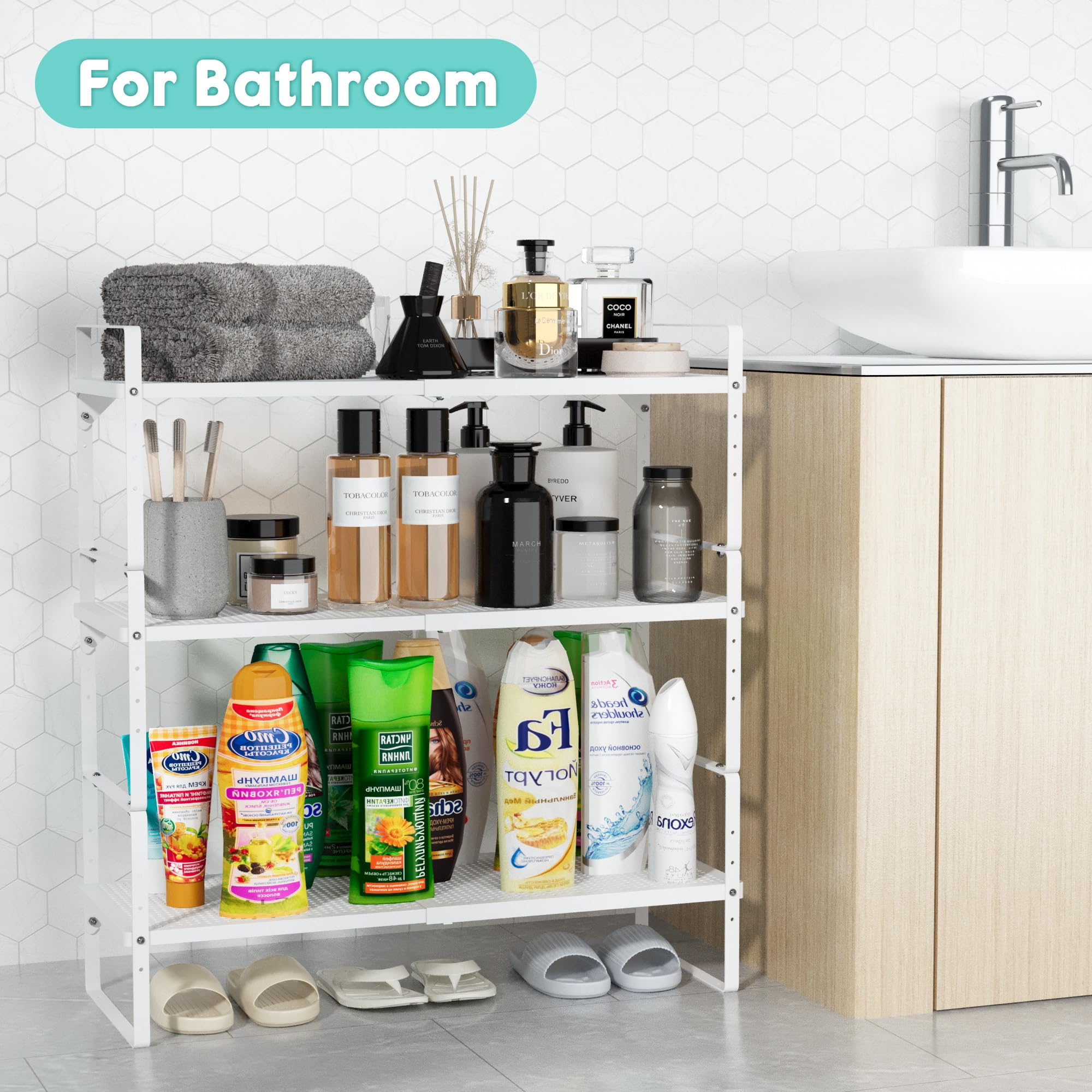 jkxoo 2Pack Expandable Cabinet Shelf Organizers, Stackable Metal Cabinet Shelves Extender for Kitchen Cabinet Countertop Storage, Adjustable Spices Shelves Rack Stand for Cupboard Pantry, White