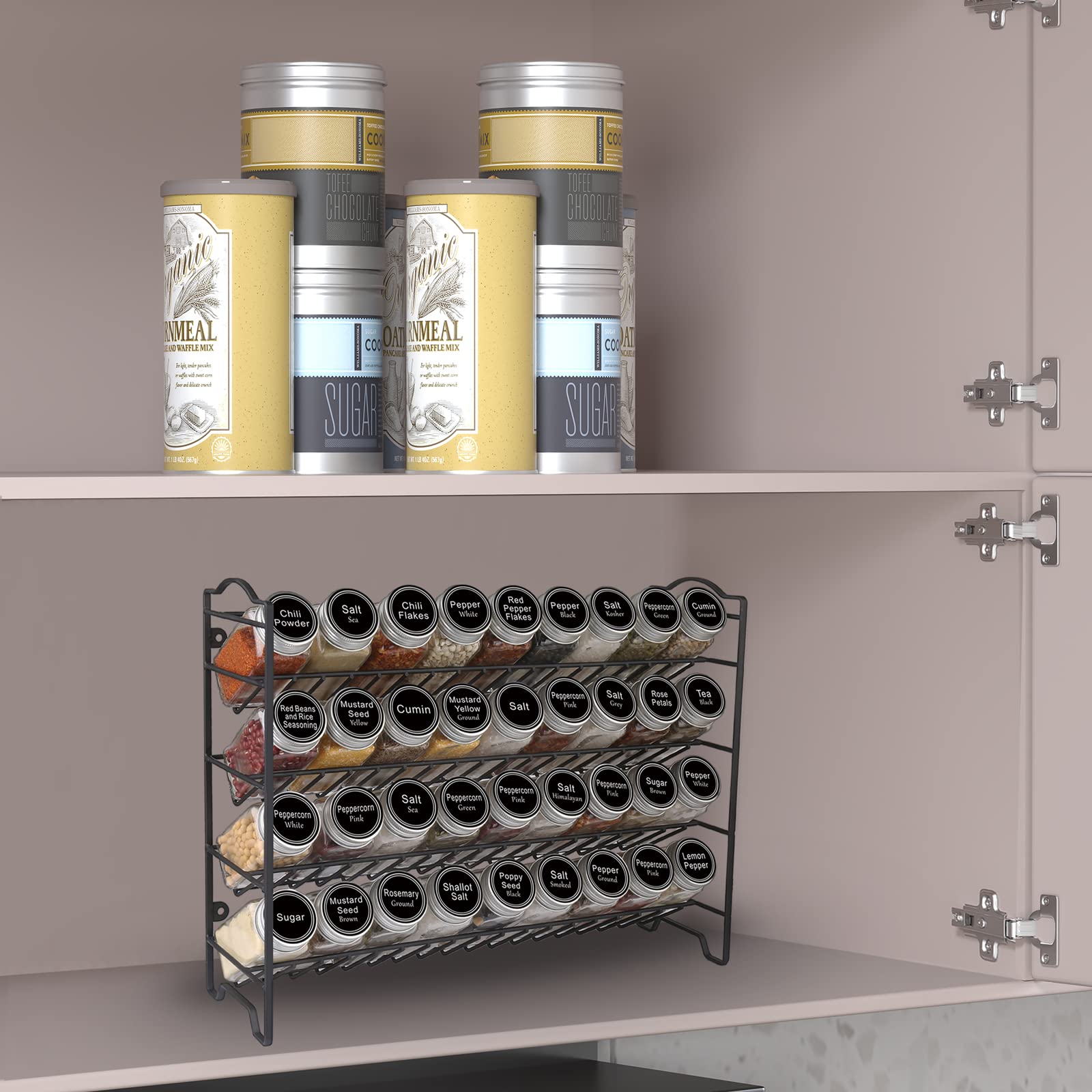 SWOMMOLY Spice Rack Organizer with 36 Empty Square Spice Jars, 396 Spice Labels with Chalk Marker and Funnel Complete Set, for Countertop, Cabinet or Wall Mount, Black