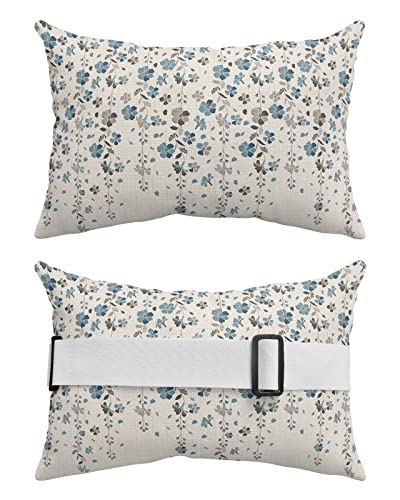 Recliner Head Pillow Ledge Loungers Chair Pillows with Insert Flower Blue Grey Cherry Blossoms Cotton Linen Background Lumbar Pillow with Adjustable Strap Patio Garden Cushion for Bench Couch, 2 PCS
