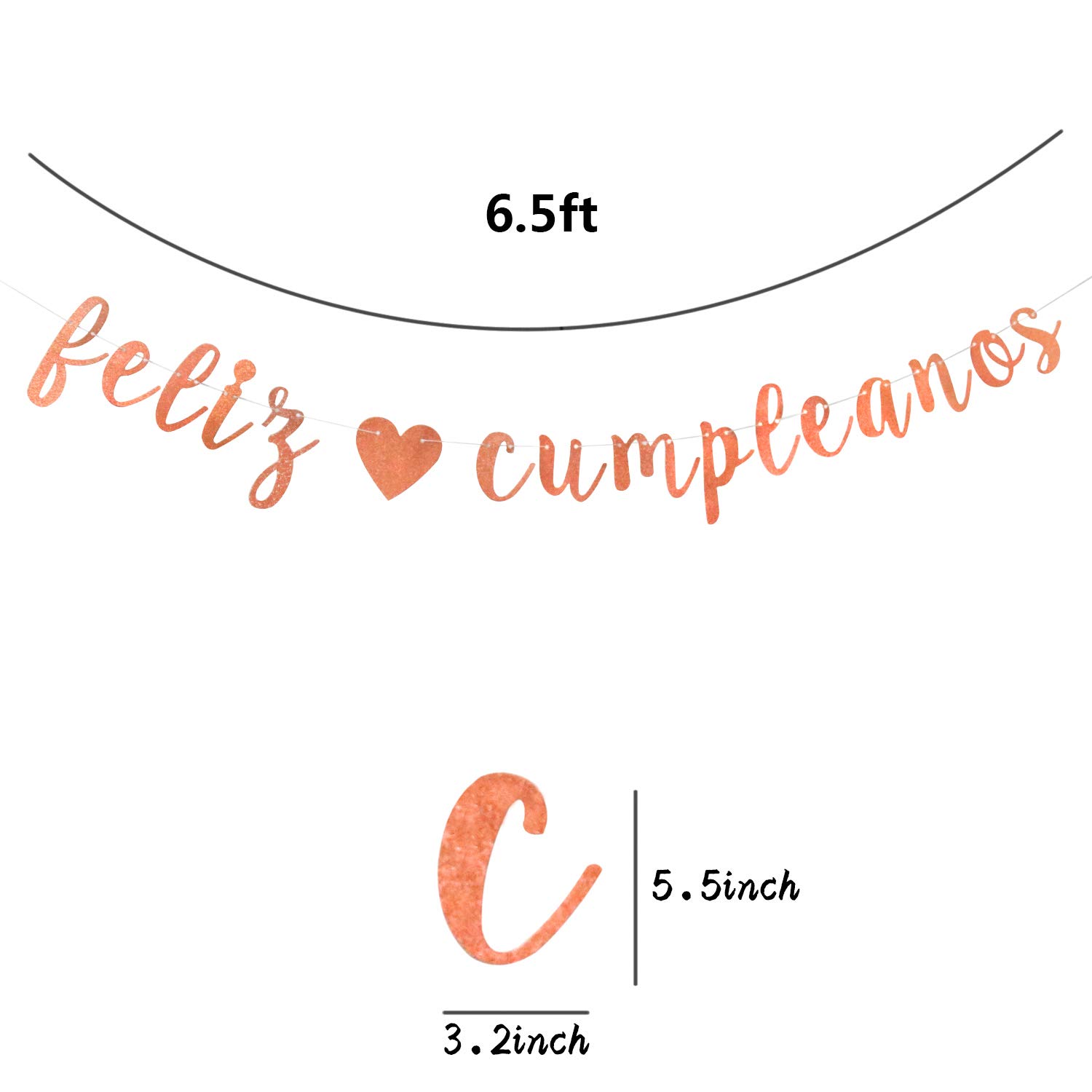 Rose Gold Glitter Feliz Cumpleanos Banner, Bunting Garlands for Celebrating Fiesta Theme/Spanish Birthday/Anniversary Party Decoration (Pre-Strung)