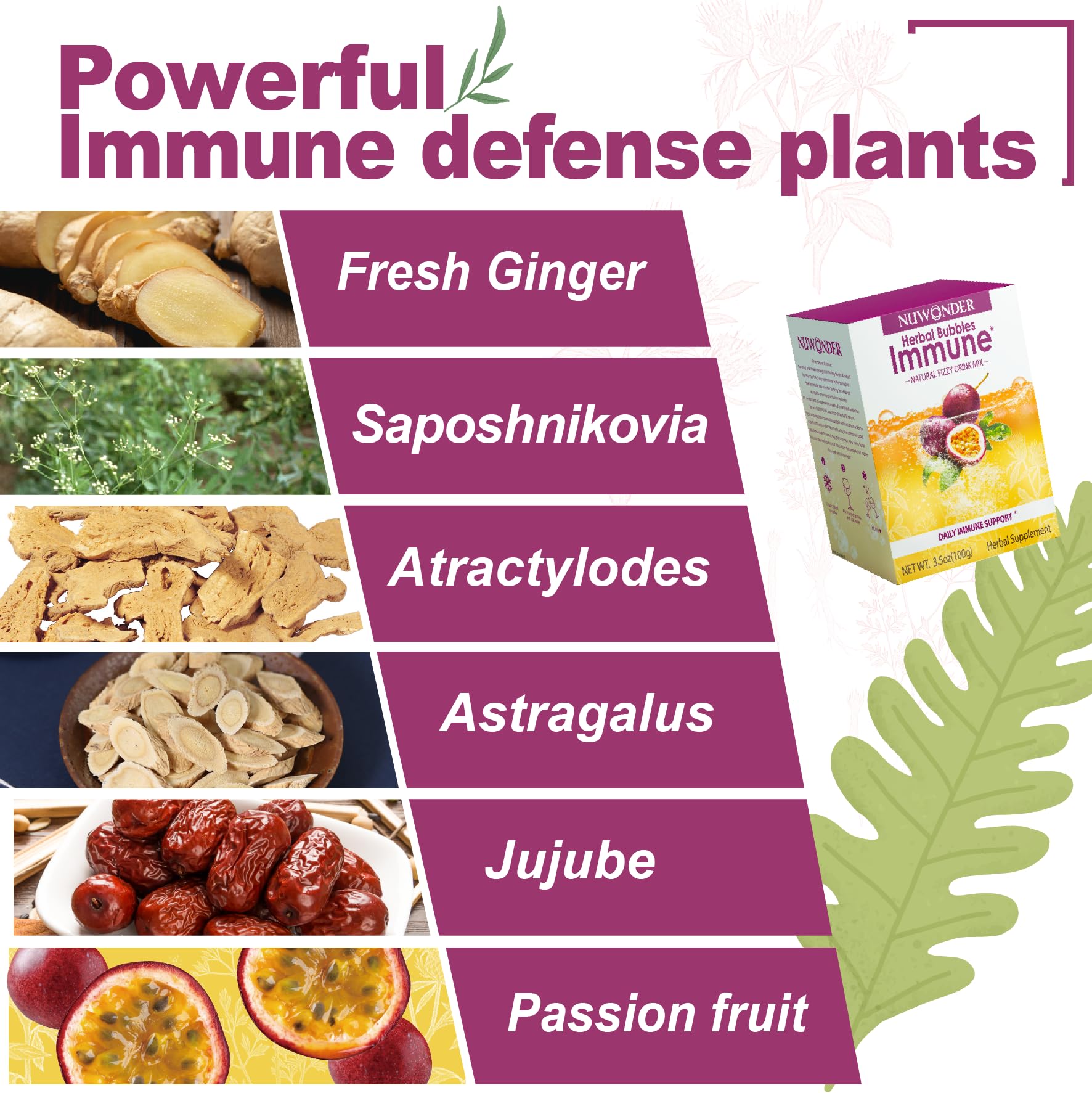NuWonder Immunity Support Herbal Supplement made with Astragalus, Ginger, Jujube, Atractylodes, Natural Passion Fruit Flavor, Fizzy Bubbles, No Artificial Ingredients, Immune Booster Drink Mix 10packs