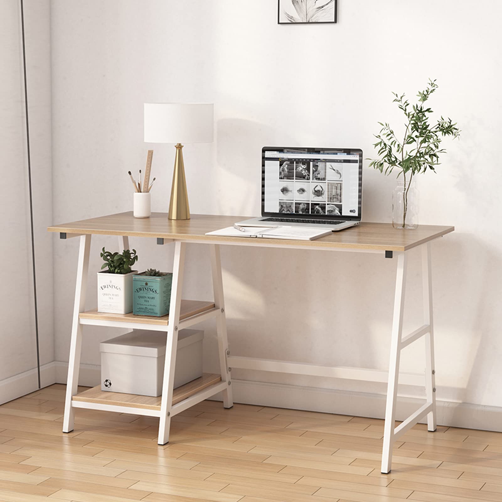 DlandHome Computer Desk with Storage Shelf, Trestle Desk, Home Office Desk/Workstation/Writing Table with Opening Shelves, Tplus (47 inches, Oak)
