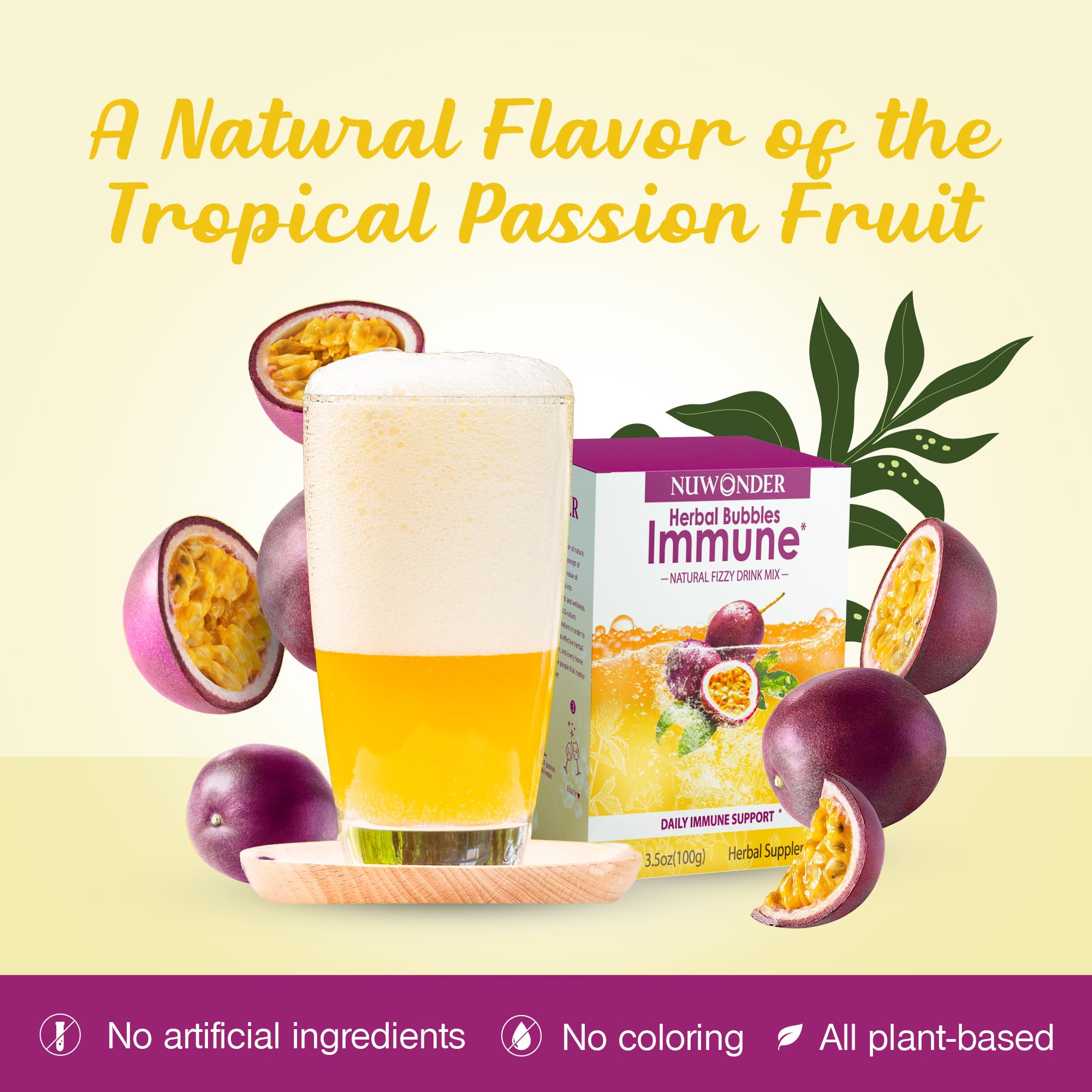 NuWonder Immunity Support Herbal Supplement made with Astragalus, Ginger, Jujube, Atractylodes, Natural Passion Fruit Flavor, Fizzy Bubbles, No Artificial Ingredients, Immune Booster Drink Mix 10packs
