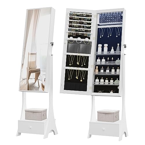 Hzuaneri 8 LEDs Jewelry Cabinet, 42.5" Tall Frameless Mirror Jewelry Armoire, Freestanding Makeup Jewelry Storage with 1 Drawer, 5 Shelves, Jewelry Organizer, White and Black JC14803B