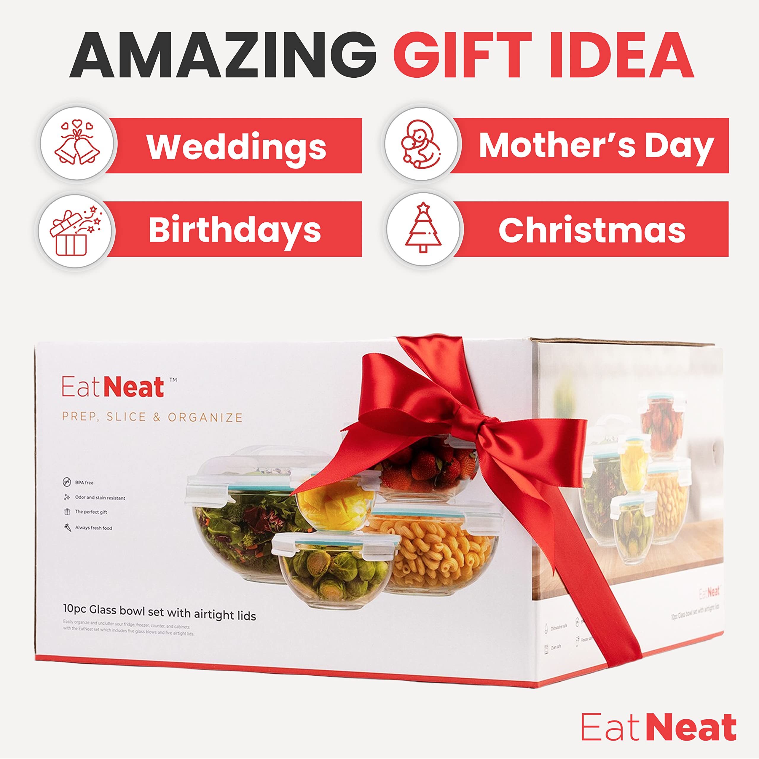 EATNEAT 5-Pack of Glass Food Storage Containers with Airtight Snap Locking Lids to Keep Food Fresh - Oven to Table to Freezer | BPA-FREE