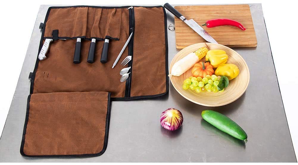 Chef’s Knife Roll, 5 Pockets Knife Bag,Waxed Canvas Roll Up Culinary Bag,Professional Cutlery Storage Case, Portable Knife Tool Roll Bag, Multi-Purpose Knife Cover For Cooking, Camping (Brown)