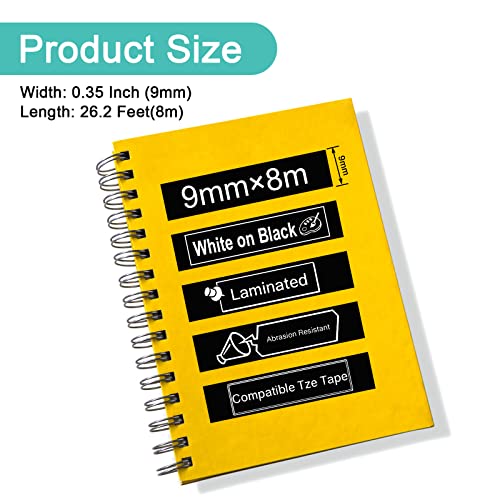 NineLeaf 4 Pack Compatible for Brother TZe-325 TZe325 TZ-325 TZ325 Label Tape 9mm 3/8'' 0.35'' White on Black Standard Laminated Labeling Work with P-Touch PT-D210 PTD400AD PTH110 PT-D600 Label Maker