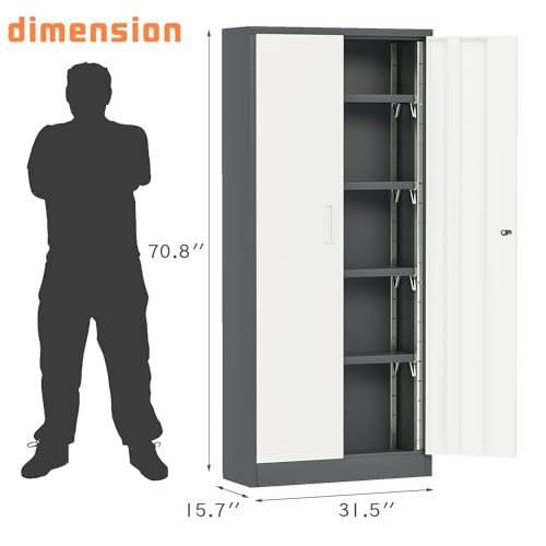 Shahoo Metal Storage Cabinet with Lockable Door and Shelves for File, Tool, Medium Size for Garage, White and Gray