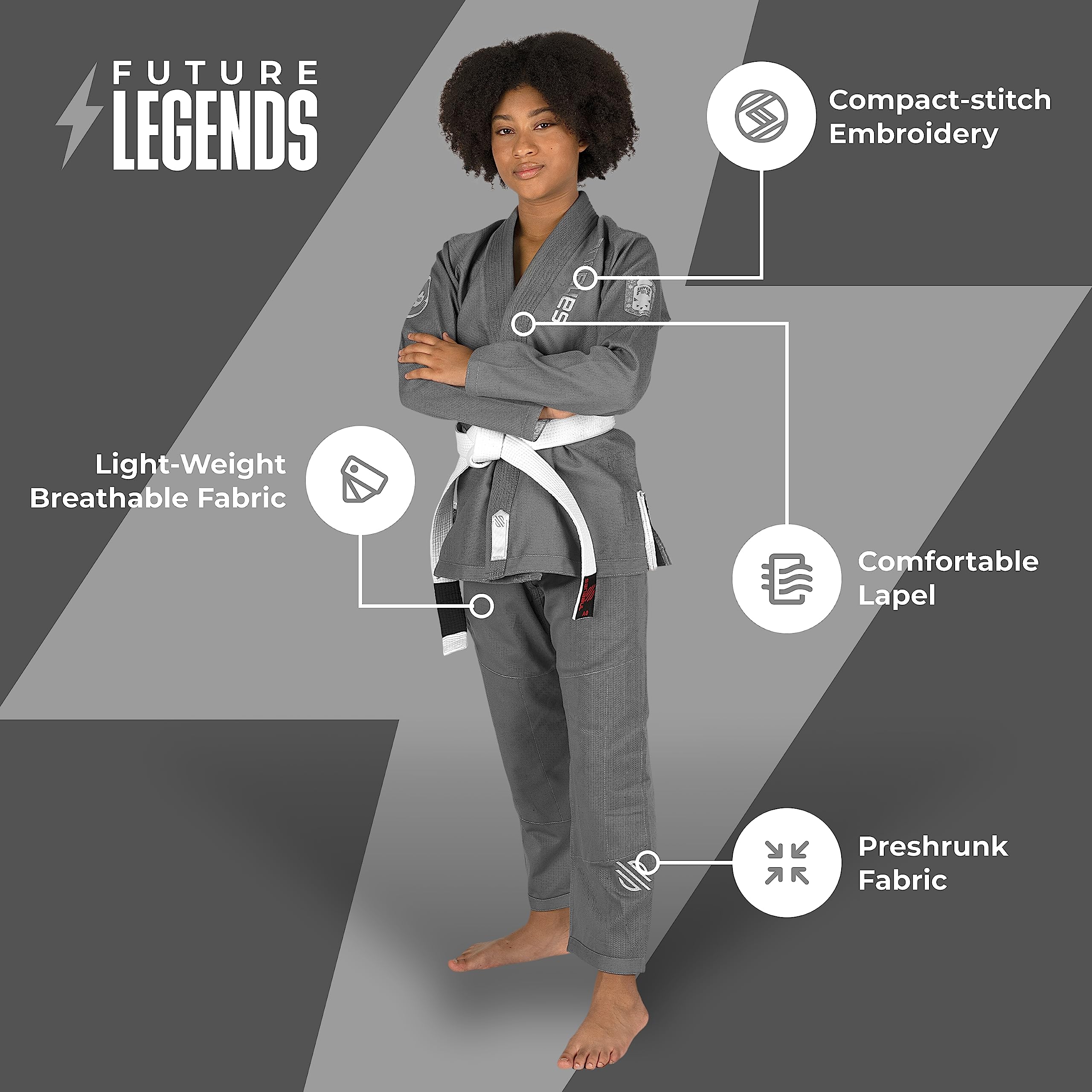 Sanabul Future Legends BJJ Gi for Kids Jiu Jitsu Gi Kimono for Children Youth Preshrunk Fabric & BJJ White Belt Included - Silver/White, K2