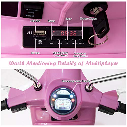 Costzon Kids Vespa Scooter, 6V Rechargeable Ride on Motorcycle w/Training Wheels, Key Switch, Music Horn Lights, Forward/Reverse, ASTM Certification, Gift for Children Boys Girls (Pink)
