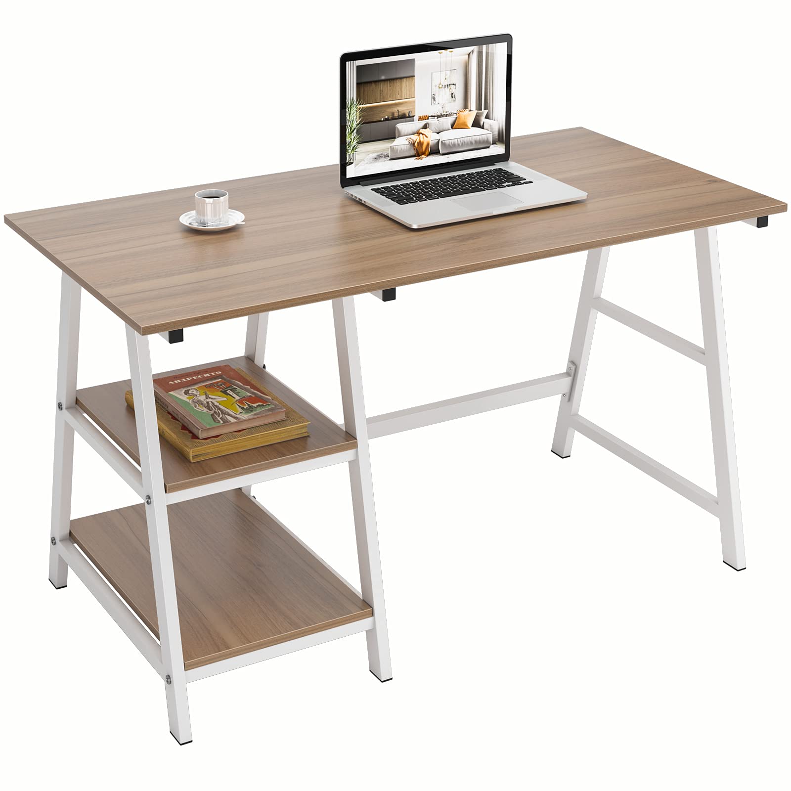 DlandHome Computer Desk with Storage Shelf, Trestle Desk, Home Office Desk/Workstation/Writing Table with Opening Shelves, Tplus (47 inches, Oak)
