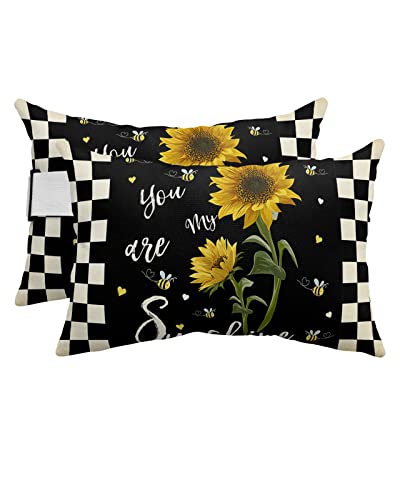 Recliner Head Pillow Ledge Loungers Chair Pillows with Insert Farmhouse Sunflower Black and Beige Buffalo Plaid Lumbar Pillow with Adjustable Strap Patio Garden Cushion for Sofa Bench Couch, 2 PCS