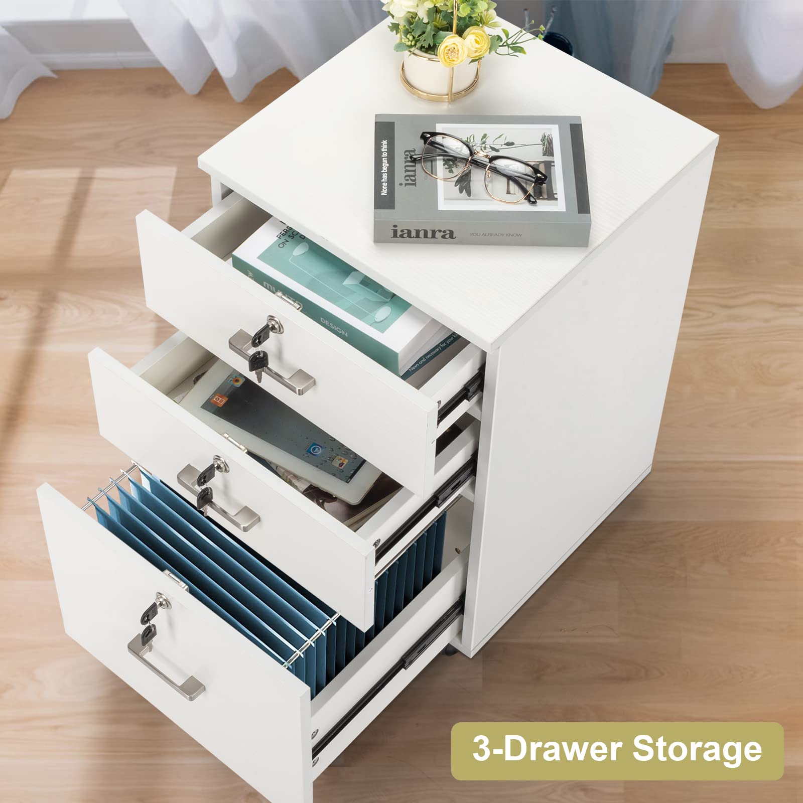 Bonnlo 26" H 3 Drawer File Cabinet with Lock, Rolling File Cabinet Under Desk, Mobile File Cabinets for Home Office, Wood White File Cabinet Printer Stand for Letter Size Hanging/Manila File Folders