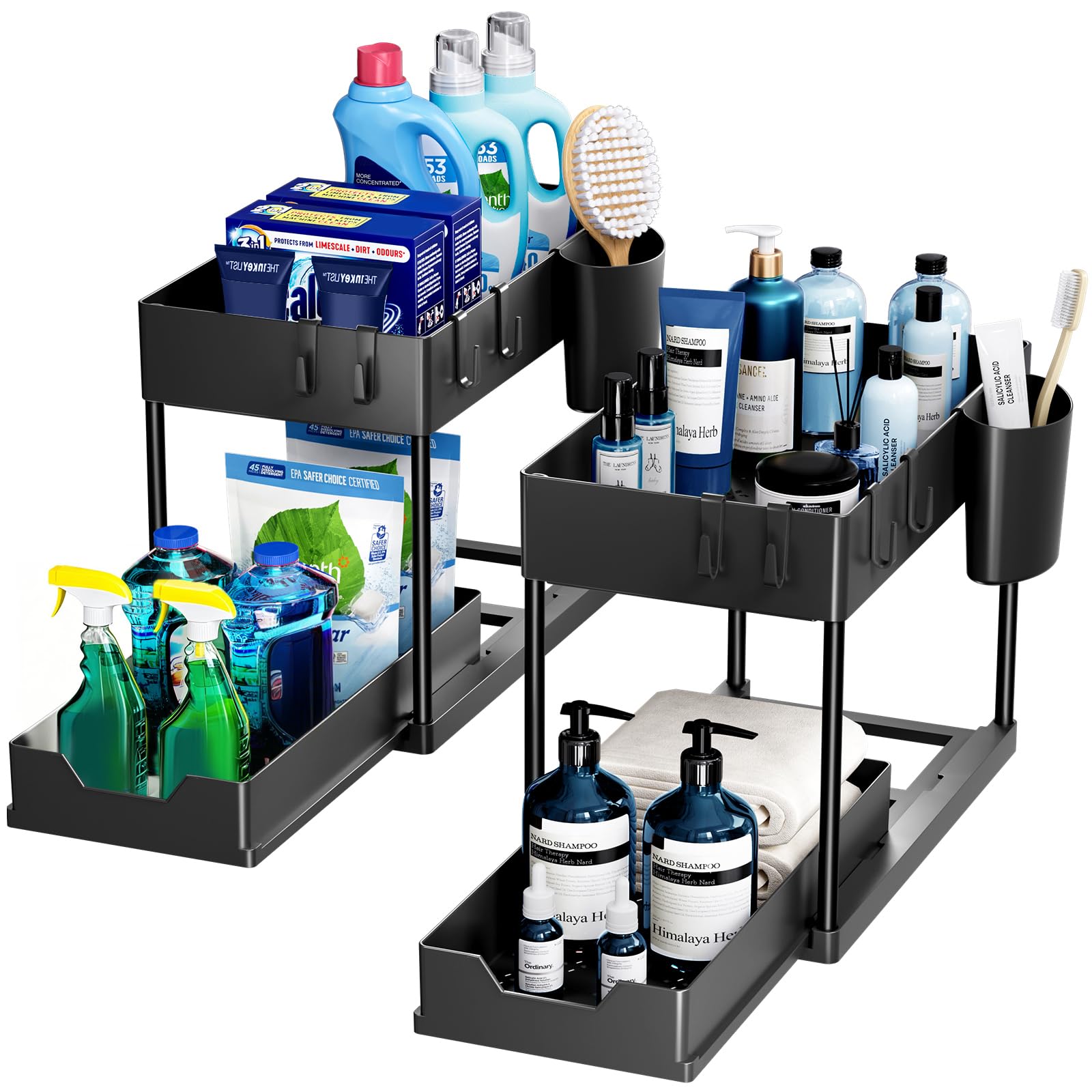 Puricon 2 Pack Under Sink Organizers and Storage Pull Out Sliding Drawer, 2 Tier Multi-purpose Kitchen Under the Sink Organizer Under Bathroom Sink Shelf Storage Rack for Countertop Laundry -Black