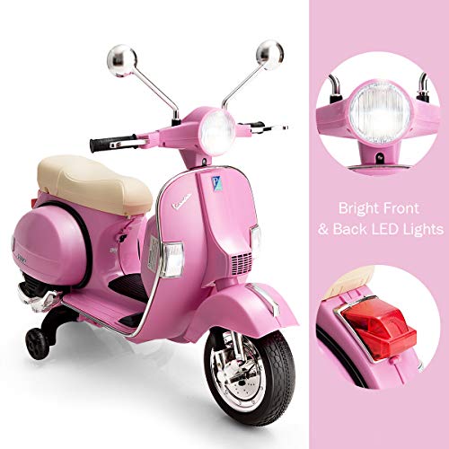 Costzon Kids Vespa Scooter, 6V Rechargeable Ride on Motorcycle w/Training Wheels, Key Switch, Music Horn Lights, Forward/Reverse, ASTM Certification, Gift for Children Boys Girls (Pink)
