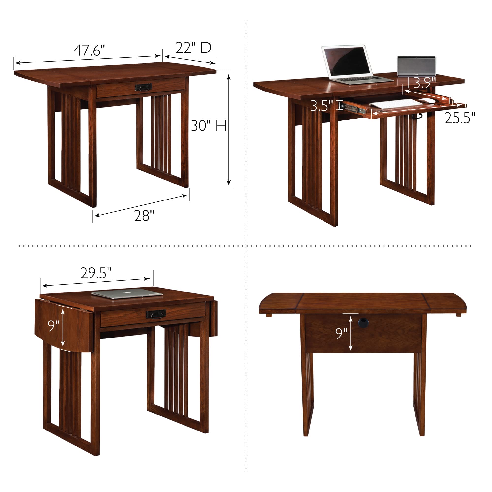 Mission Drop Leaf Computer Desk, 32-Inch, Solid Wood, Compact Folding Writing Desk for Small Spaces, Home Office – Leick Home, 82420