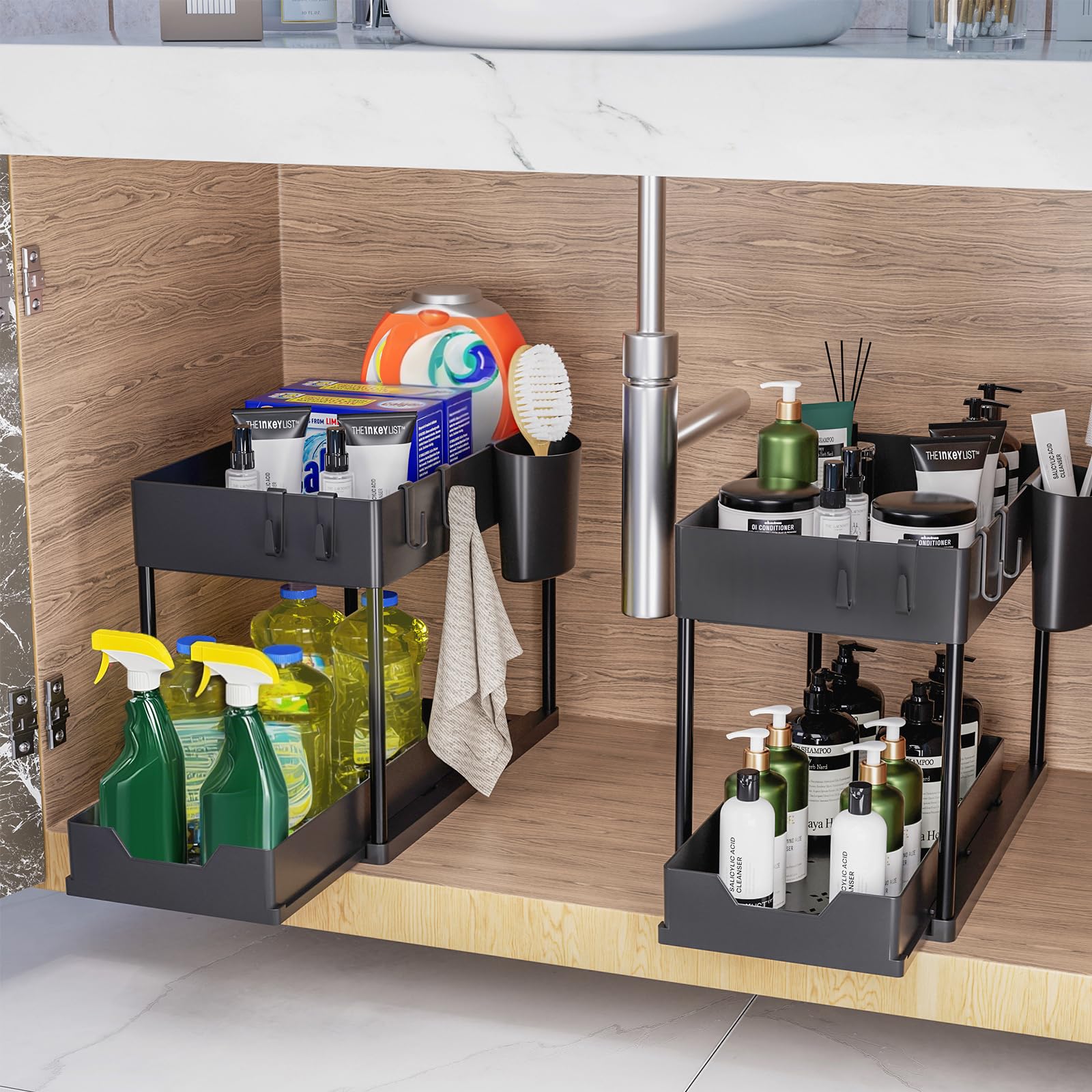 Puricon 2 Pack Under Sink Organizers and Storage Pull Out Sliding Drawer, 2 Tier Multi-purpose Kitchen Under the Sink Organizer Under Bathroom Sink Shelf Storage Rack for Countertop Laundry -Black