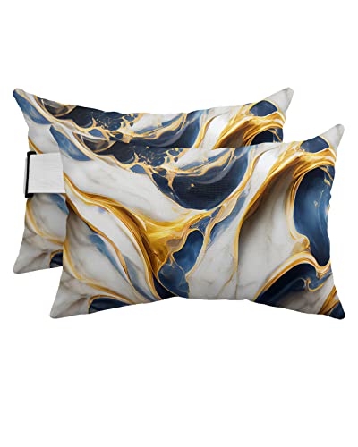 Recliner Head Pillow Ledge Loungers Chair Pillows with Insert Marble Blue Golden Abstract Art Texture Lumbar Pillow with Adjustable Strap Outdoor Waterproof Patio Pillows for Beach Pool, 2 PCS