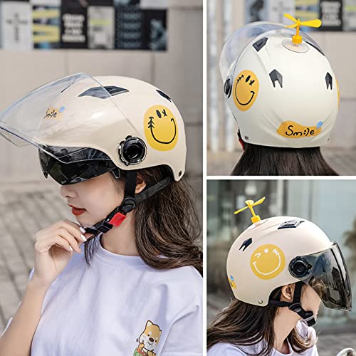 Open Face Motorcycle Helmet with Tinted Visor, 3/4 Fashion Classic Moped Helmet for Adult Women Men, Half Face Vespa Motorcycle Helmets for Scooter, DOT/ECE Approved,Beige Smile,One Size