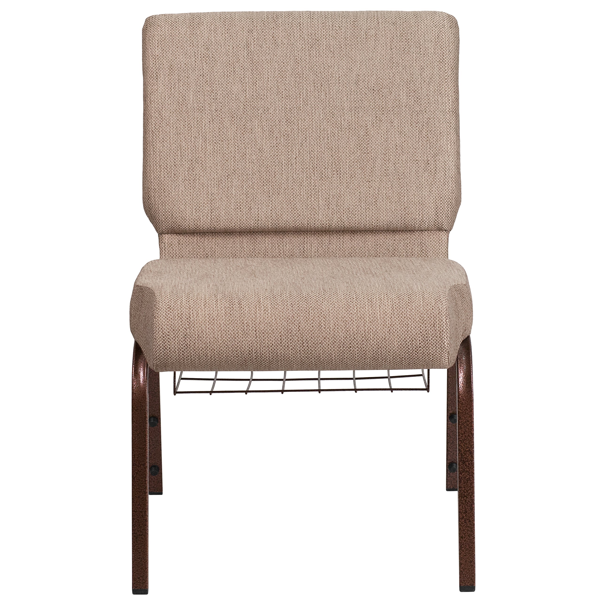 EMMA + OLIVER 21" W Church Chair, Beige Fabric Book Rack/Copper Vein Frame