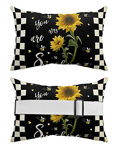 Recliner Head Pillow Ledge Loungers Chair Pillows with Insert Farmhouse Sunflower Black and Beige Buffalo Plaid Lumbar Pillow with Adjustable Strap Patio Garden Cushion for Sofa Bench Couch, 2 PCS