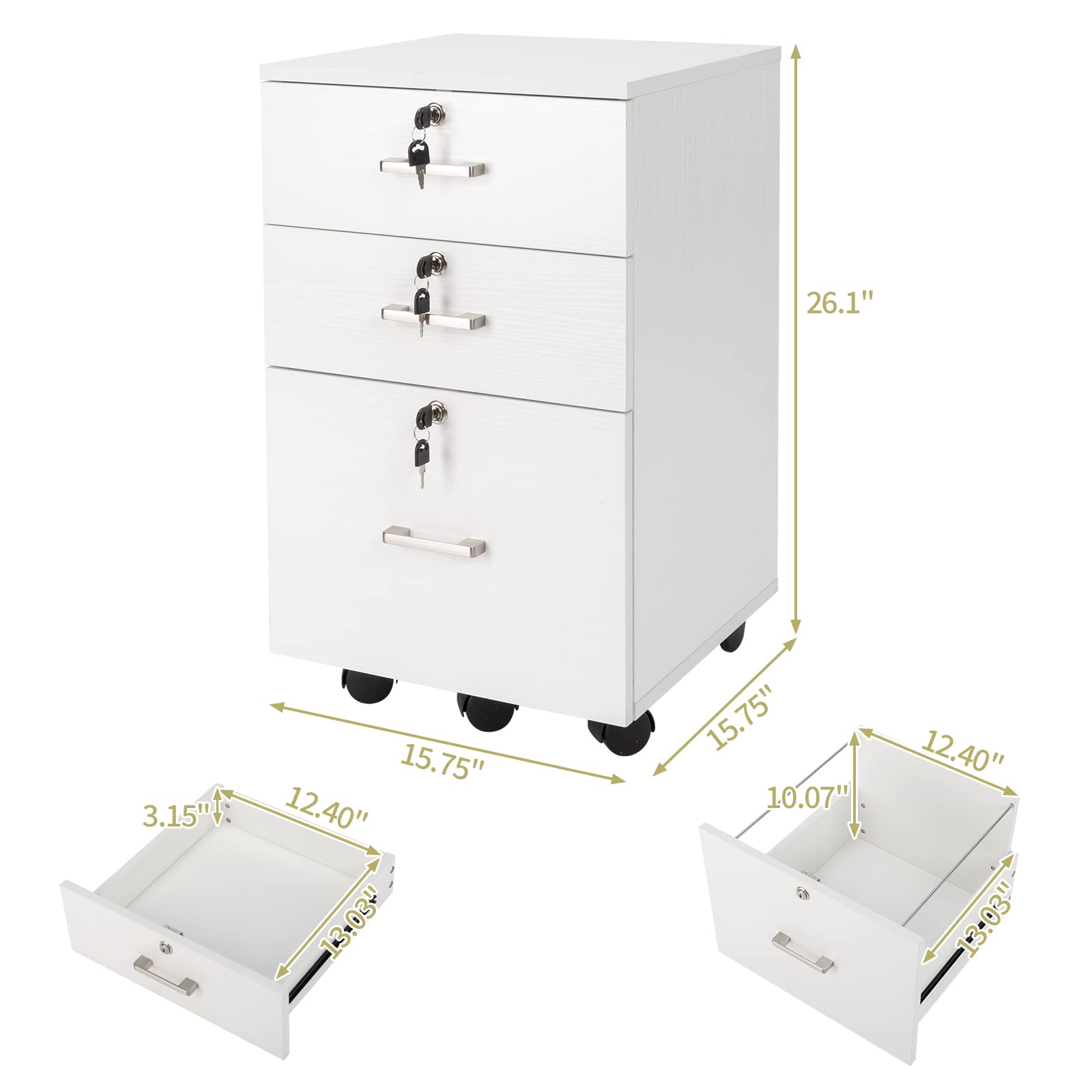 Bonnlo 26" H 3 Drawer File Cabinet with Lock, Rolling File Cabinet Under Desk, Mobile File Cabinets for Home Office, Wood White File Cabinet Printer Stand for Letter Size Hanging/Manila File Folders