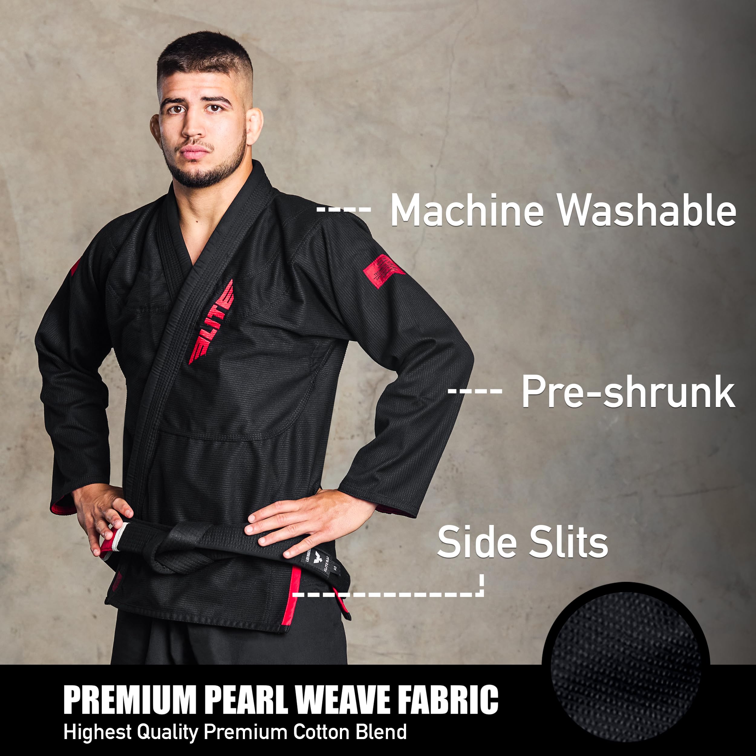 Elite Sports Bjj Gi for Men - Brazilian Jiu Jitsu Gi - Preshrunk sweat wicking Fabric - Machine washable - Free white Belt