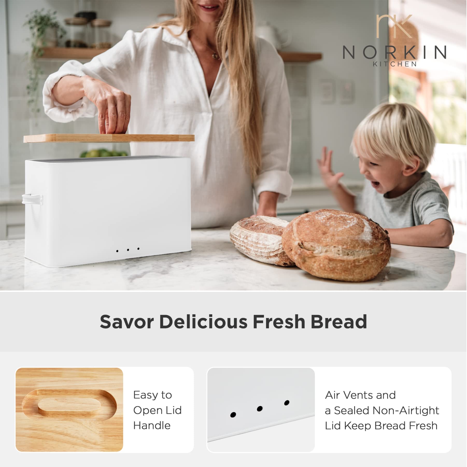 Extra Large Bread Box White - Modern Farmhouse Bread Box with Cutting Board Lid, Metal Bread Boxes for Kitchen Counter, Big Bread Box Holds 2+ Loaves, Air Vents to Keep Bread Fresh, Bread Holder