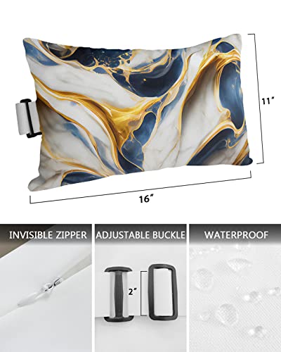 Recliner Head Pillow Ledge Loungers Chair Pillows with Insert Marble Blue Golden Abstract Art Texture Lumbar Pillow with Adjustable Strap Outdoor Waterproof Patio Pillows for Beach Pool, 2 PCS