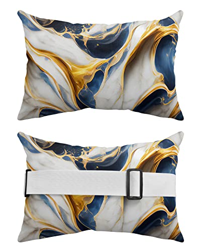 Recliner Head Pillow Ledge Loungers Chair Pillows with Insert Marble Blue Golden Abstract Art Texture Lumbar Pillow with Adjustable Strap Outdoor Waterproof Patio Pillows for Beach Pool, 2 PCS
