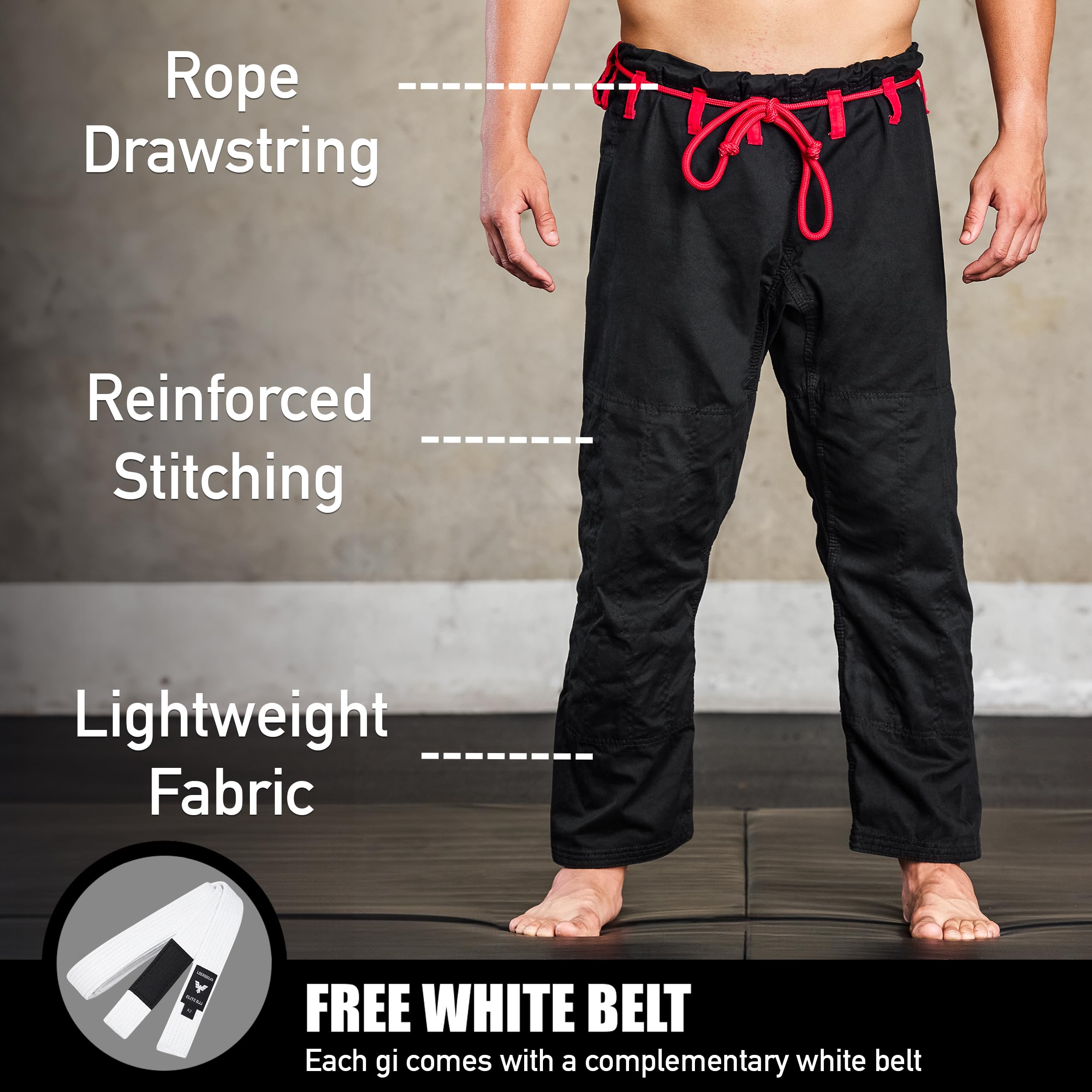 Elite Sports Bjj Gi for Men - Brazilian Jiu Jitsu Gi - Preshrunk sweat wicking Fabric - Machine washable - Free white Belt