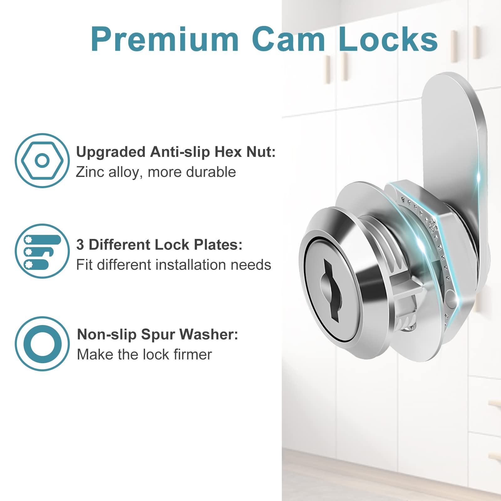 Cam Locks Cabinet Lock Keyed Alike, 5/8'' (Length) Cylinder Fits on 3/8'' Max Panel Thickness, 2pcs Secure File Drawer Mailbox RV Storage Replacement Set, Chrome-Finish Zinc Alloy